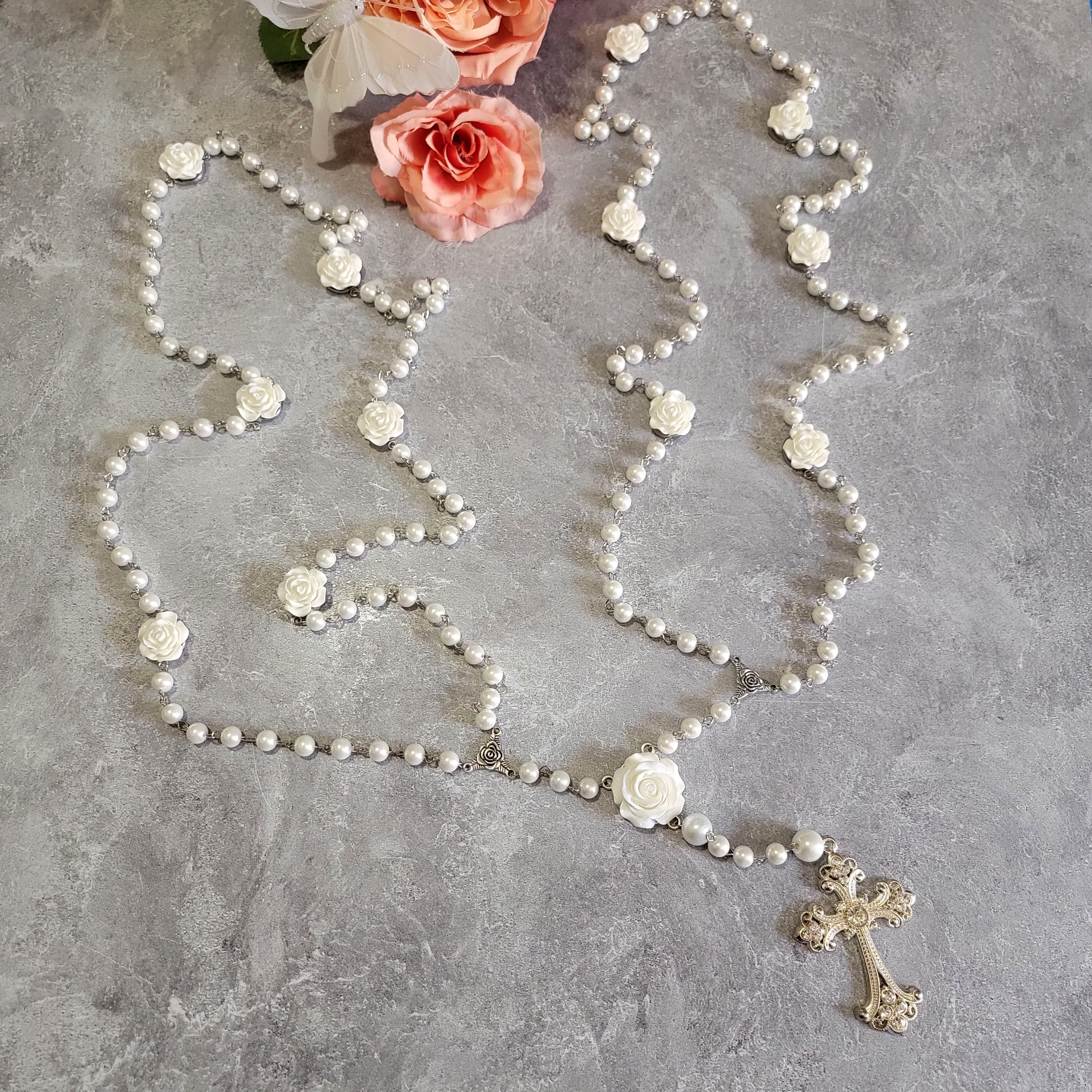 Silver - White Rose Pearl Rosary Unity Cord - for Catholic Wedding ...