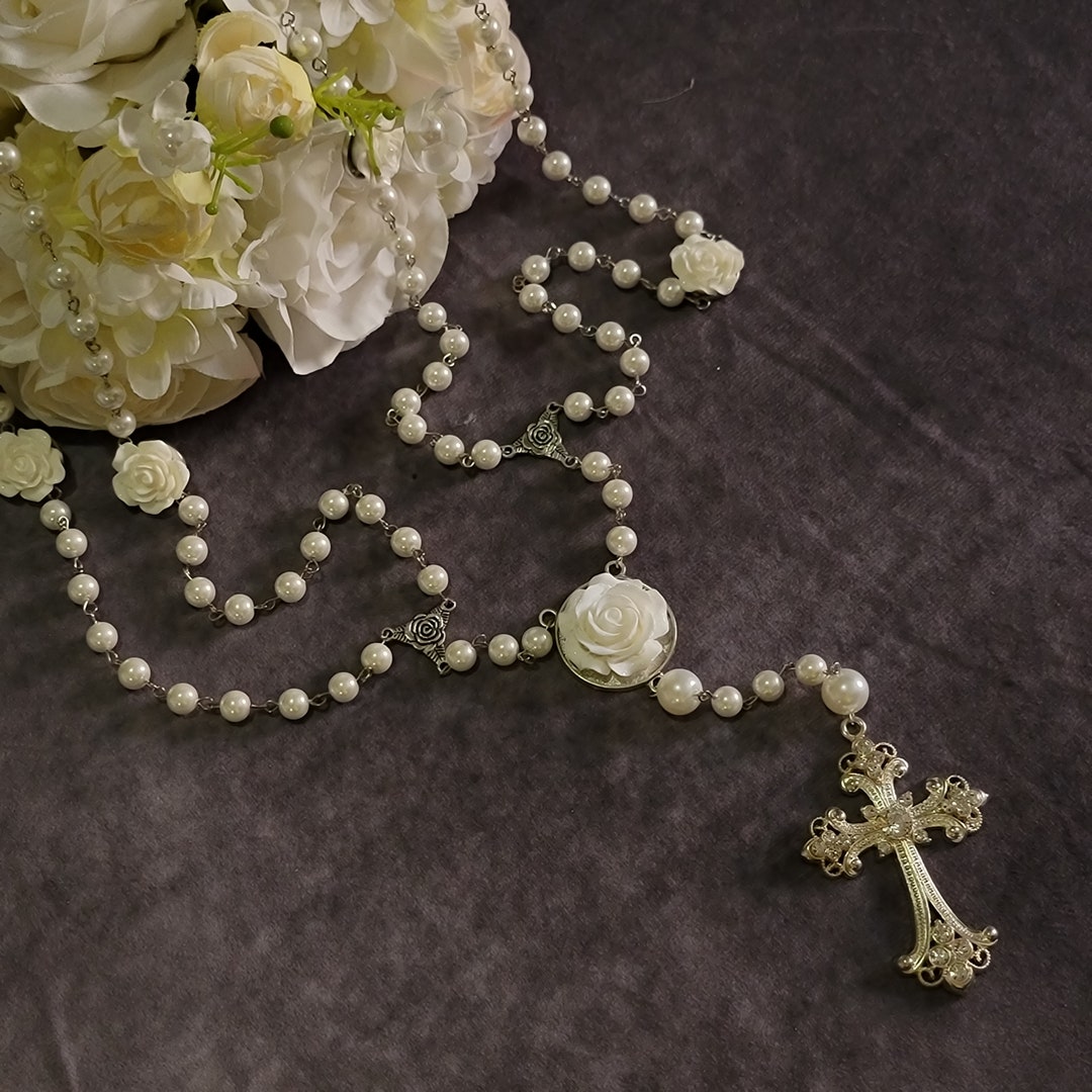 Silver - White Rose Pearl Rosary Unity Cord for Catholic Wedding Unity ...