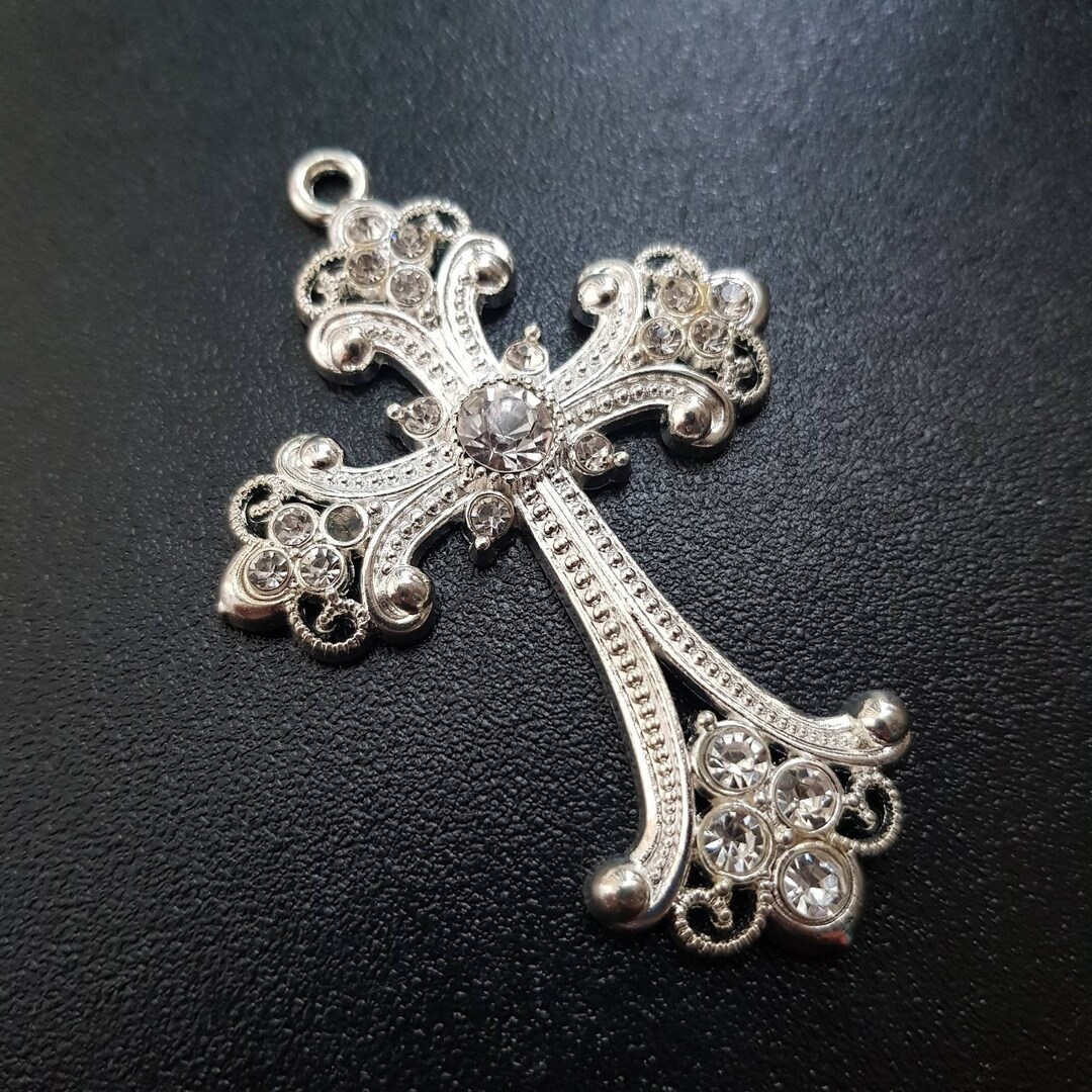 Big Silver Cross With Rhinestones, Ornate Cross, Bejeweled Crucifix ...