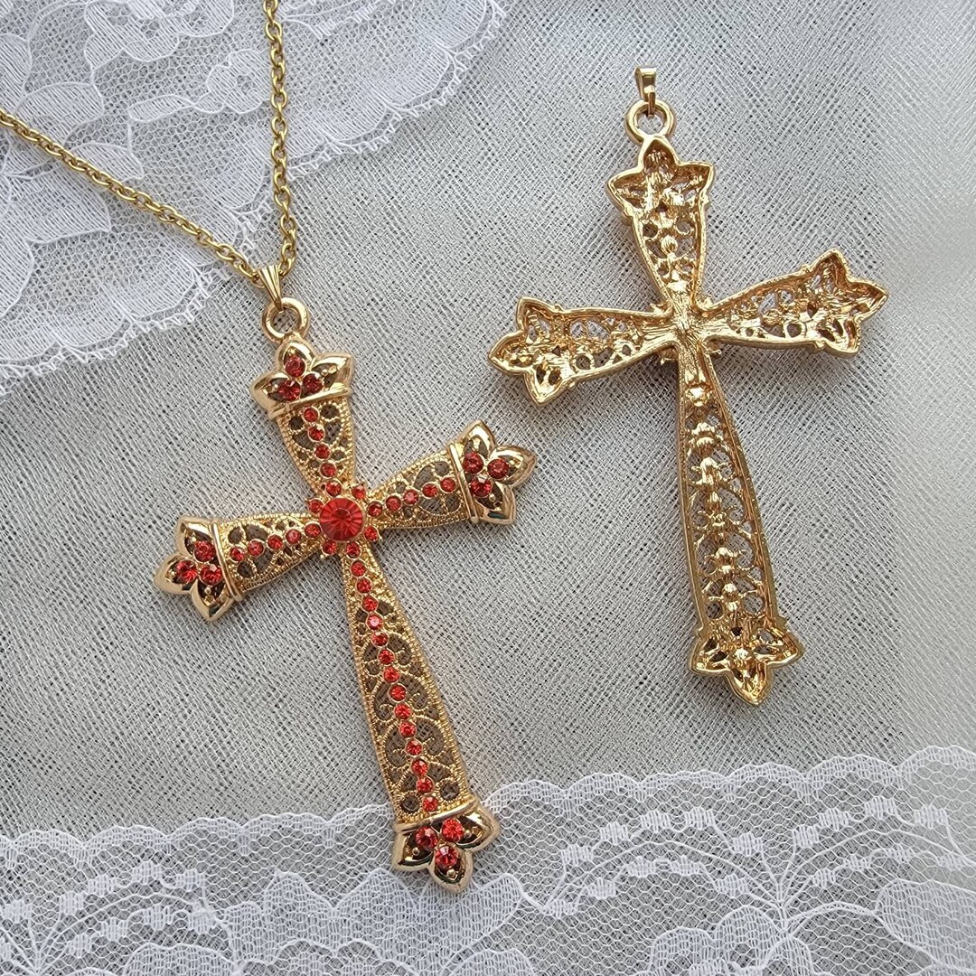 Trina Big Red Rhinestone Gold Cross Pendant, 4 X 3 Inches, Gold Plated ...