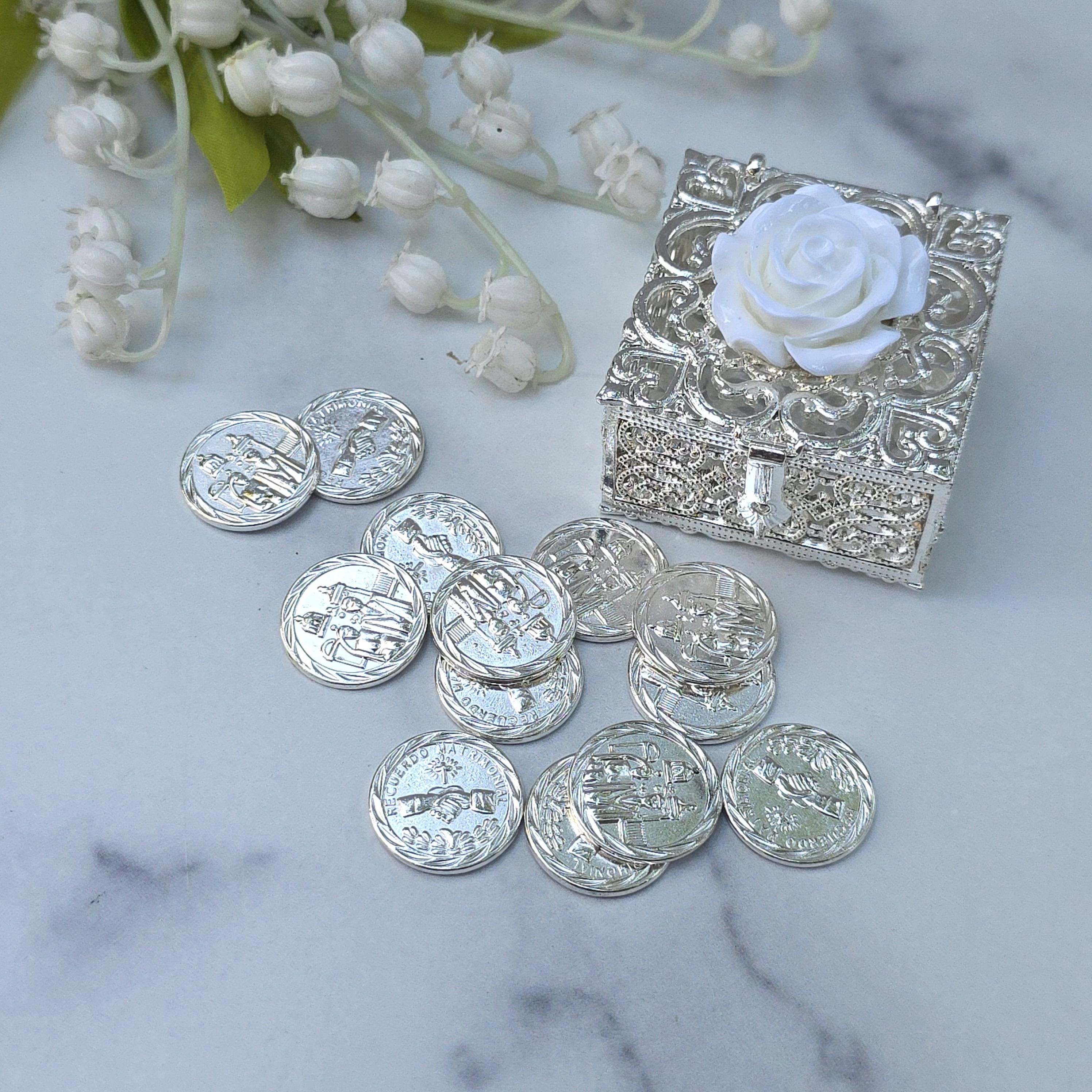 Silver Square Style Arras With White Rose Arrhae Unity Wedding Coins ...