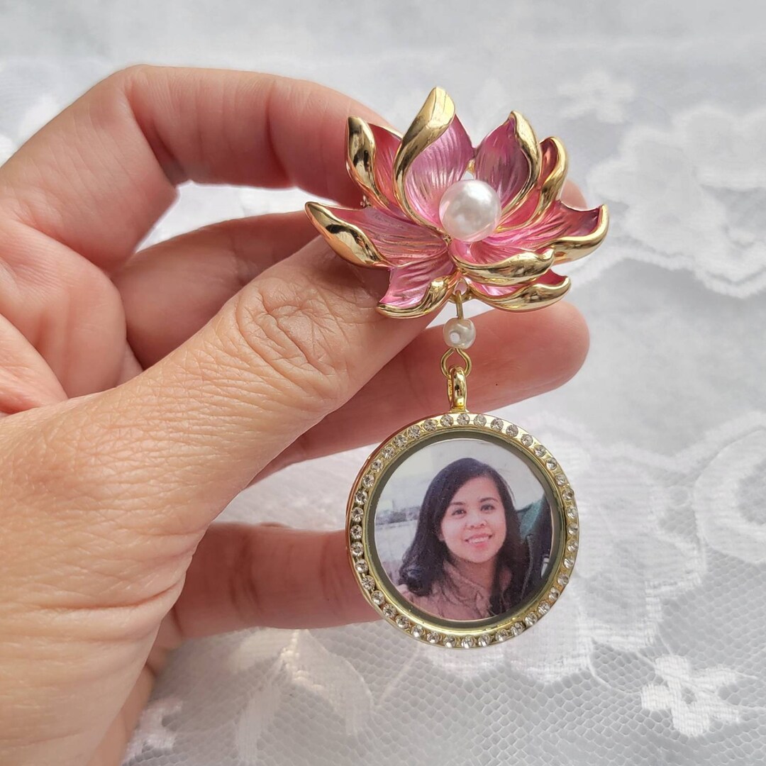 Pink & Gold Lotus Memorial Brooch Pin Women Photo Lapel Pin Wedding ...