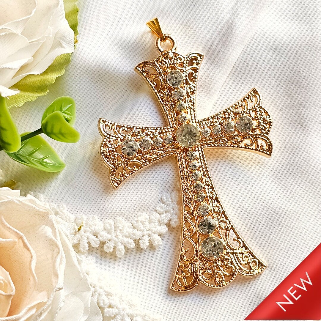 John Big Gold Rhinestone Cross Pendant, 2 X 2.5 Inches, Gold Plated ...