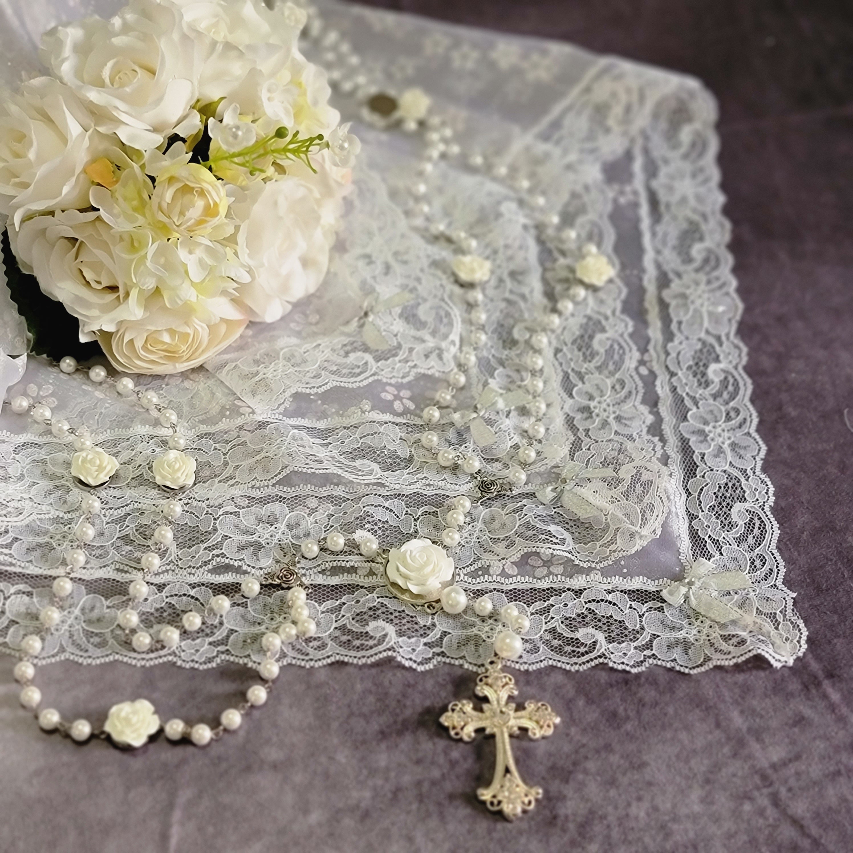 Silver - White Rose Pearl Rosary Unity Cord - for Catholic Wedding ...
