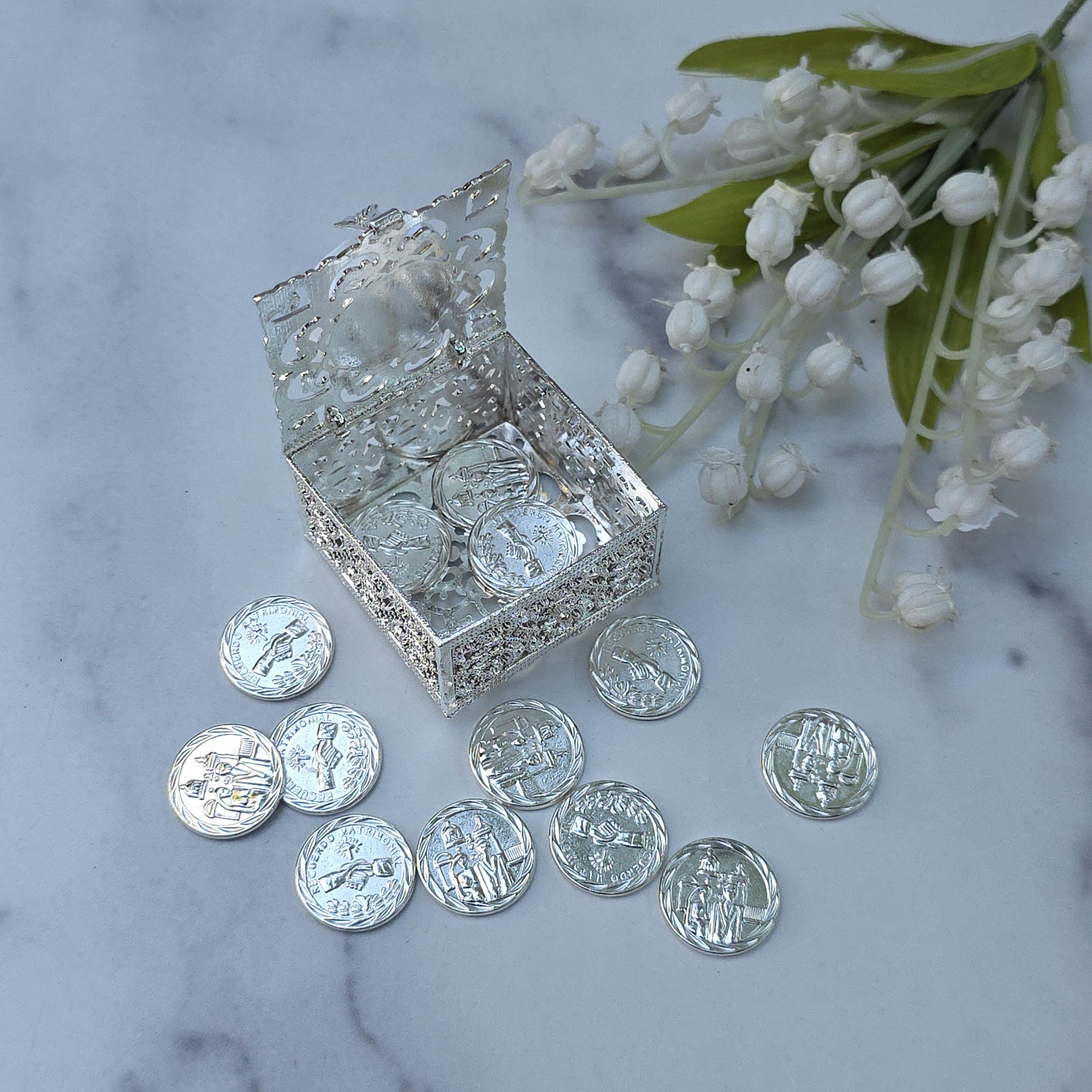 Silver Square Style Arras With White Rose Arrhae Unity Wedding Coins ...