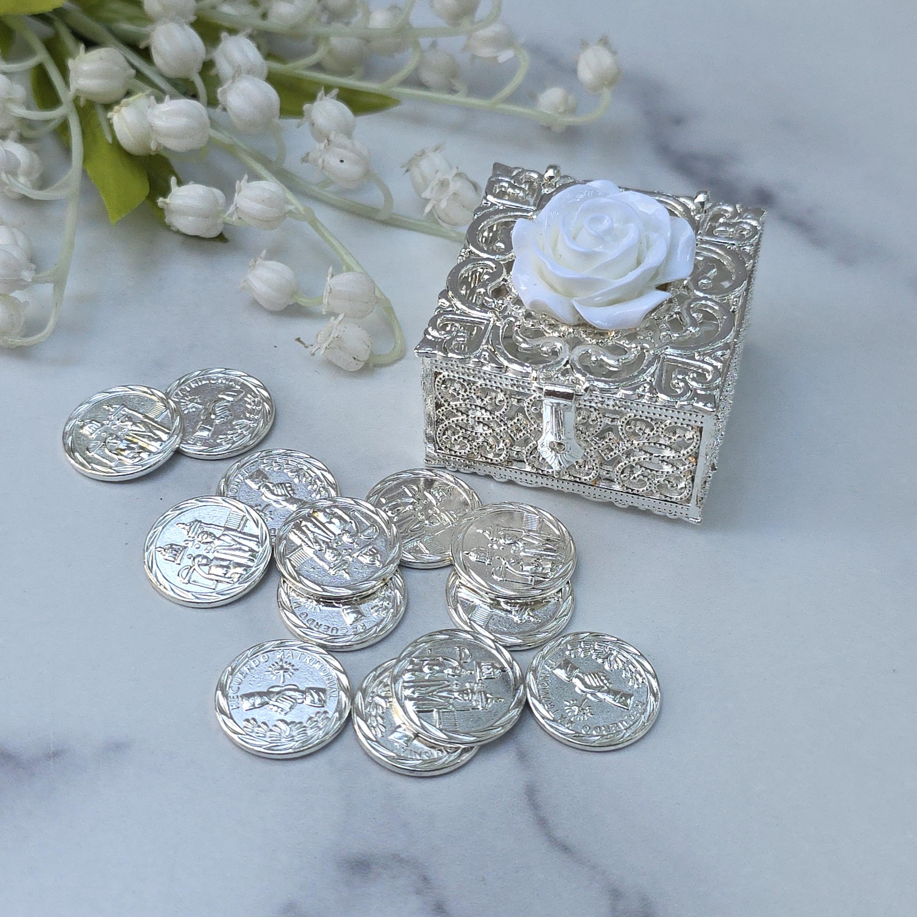 Silver Square Style Arras With White Rose Arrhae Unity Wedding Coins ...