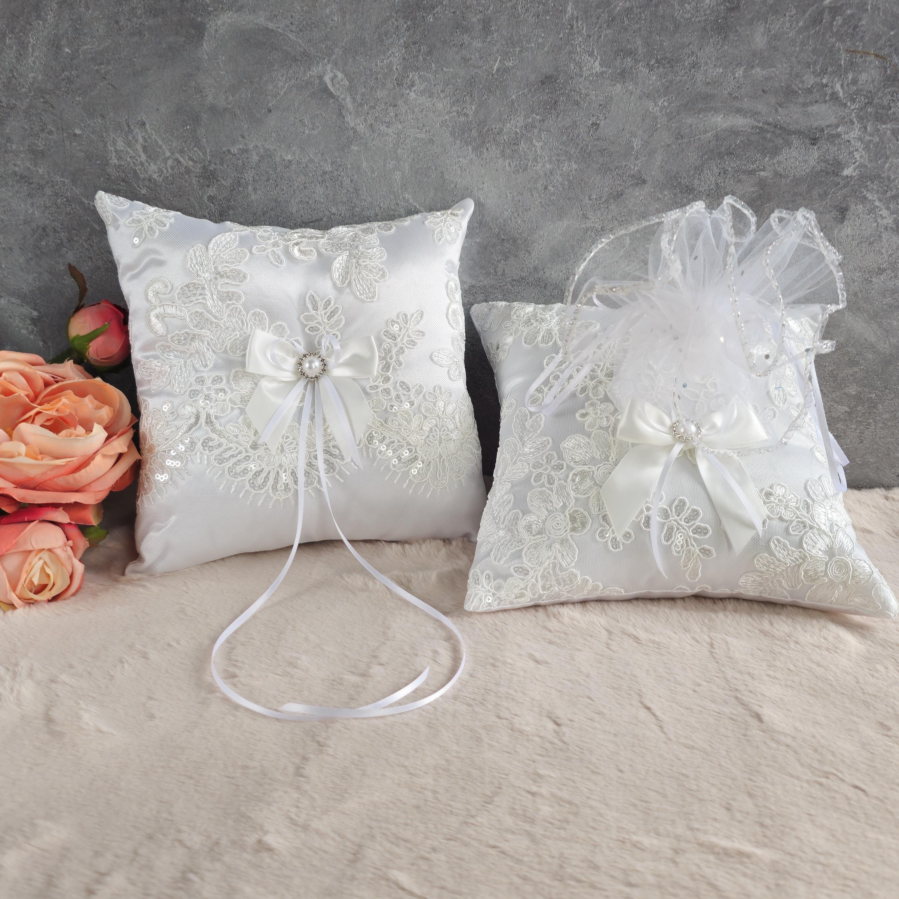 White Floral Embossed Wedding Pillows Set for Rings and Arras, Pillow ...