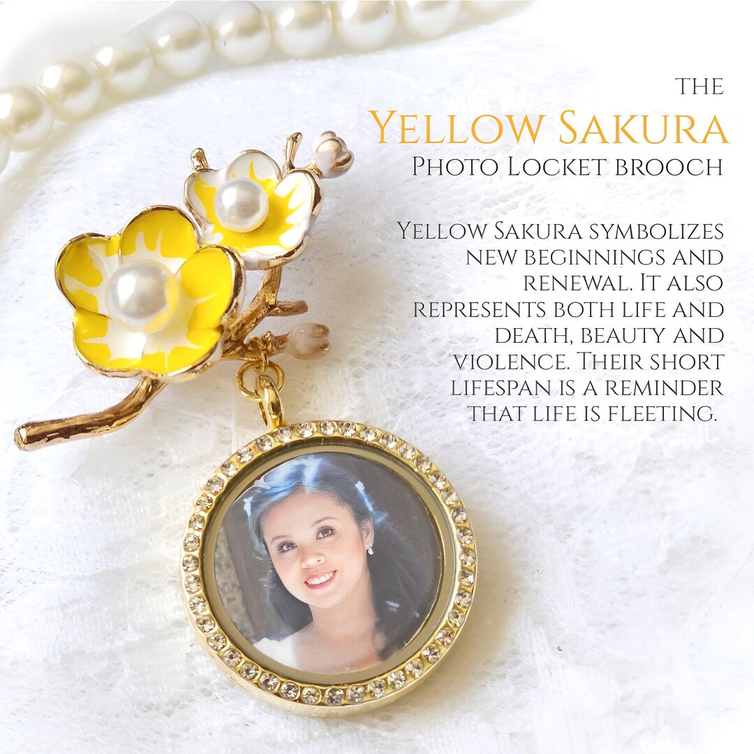 The Yellow Sakura Brooch Lapel Pin With Gold Rhinestone Photo Locket ...