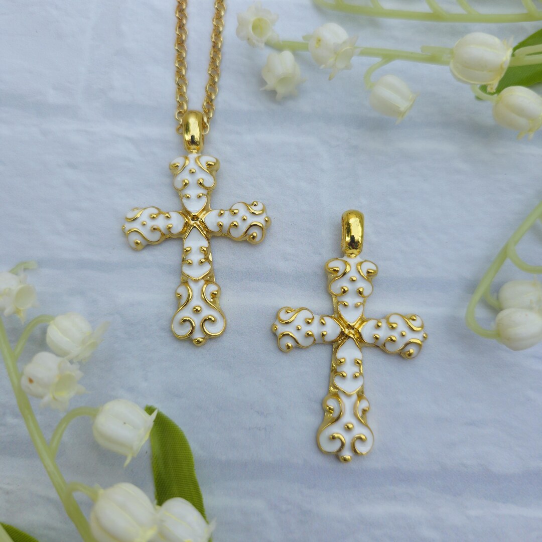 Caroline Big Gold and White Enamel Cross Pendant, 2 X 1.25 Inches, Gold ...