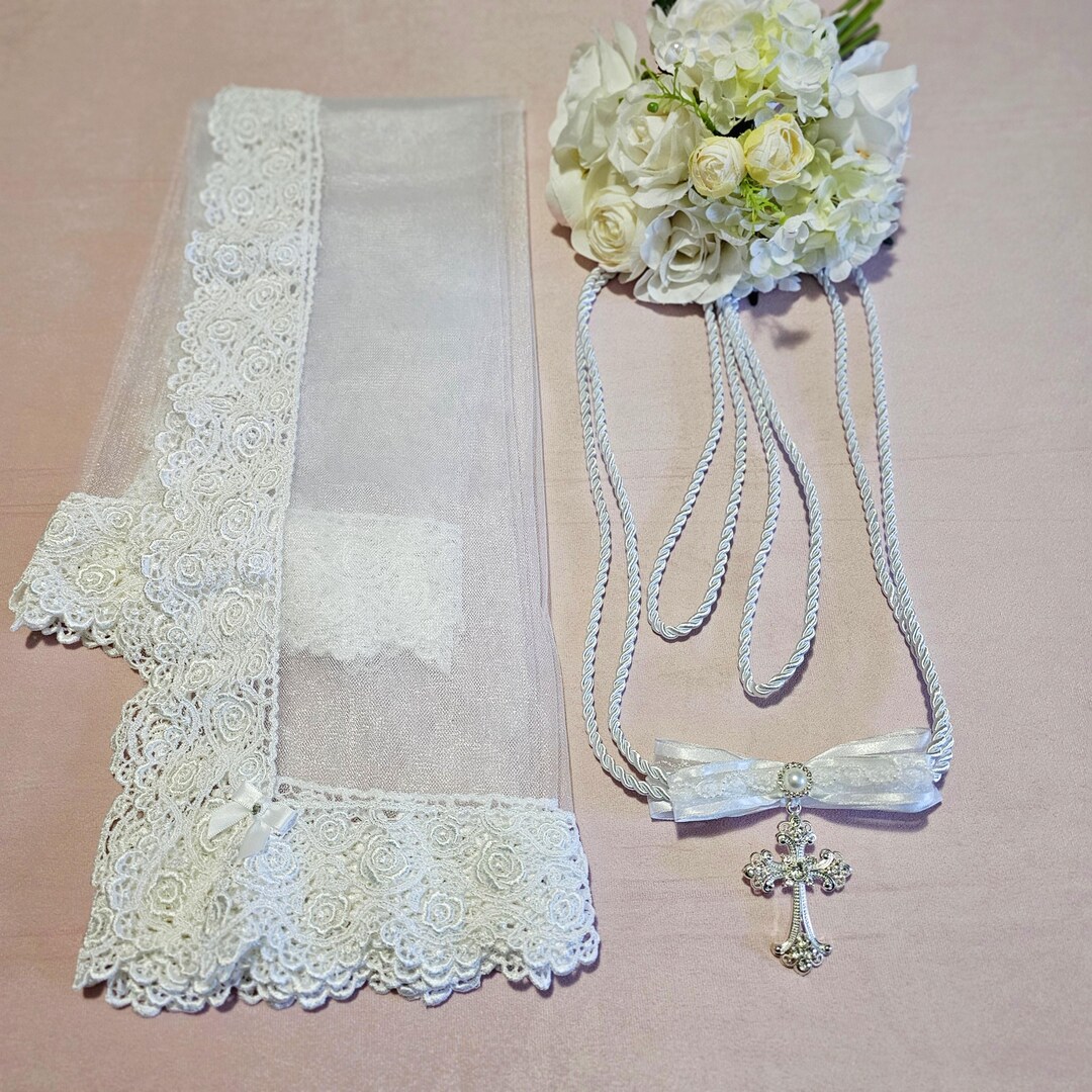 Gloria Veil With White Bow With Silver Cross Cord, Unity Veil and Cord ...