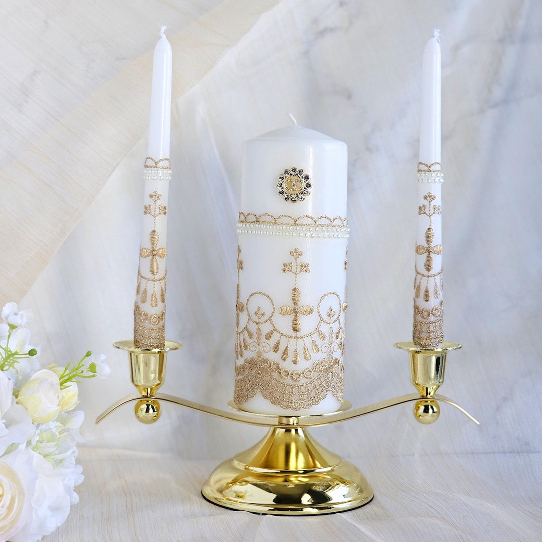 Wedding Unity Candles With Gold Candle Holder Set, 1pc 6 Inches Pillar ...