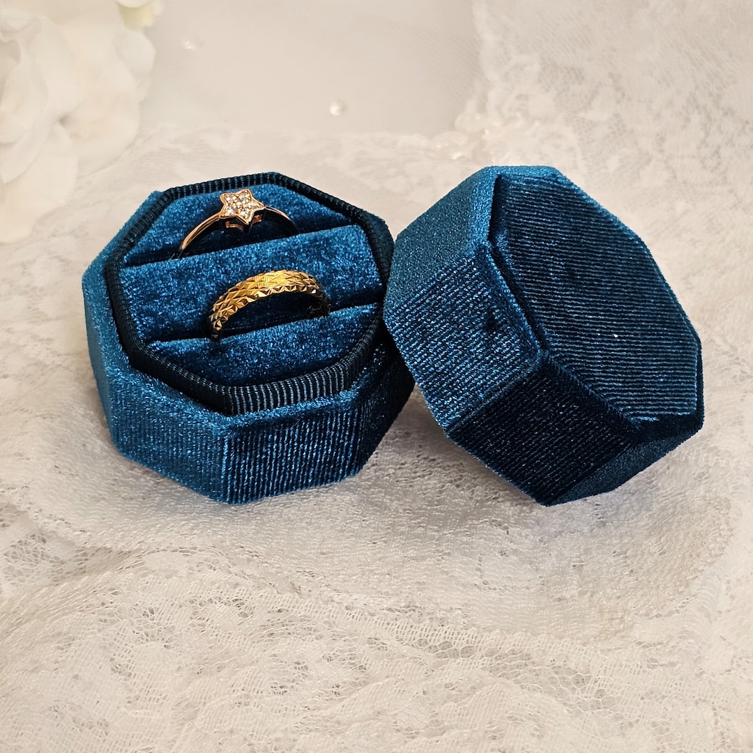 Cerulean Blue Octagon - Velvet Ring Box for Weddings, Double Ring Slot ...