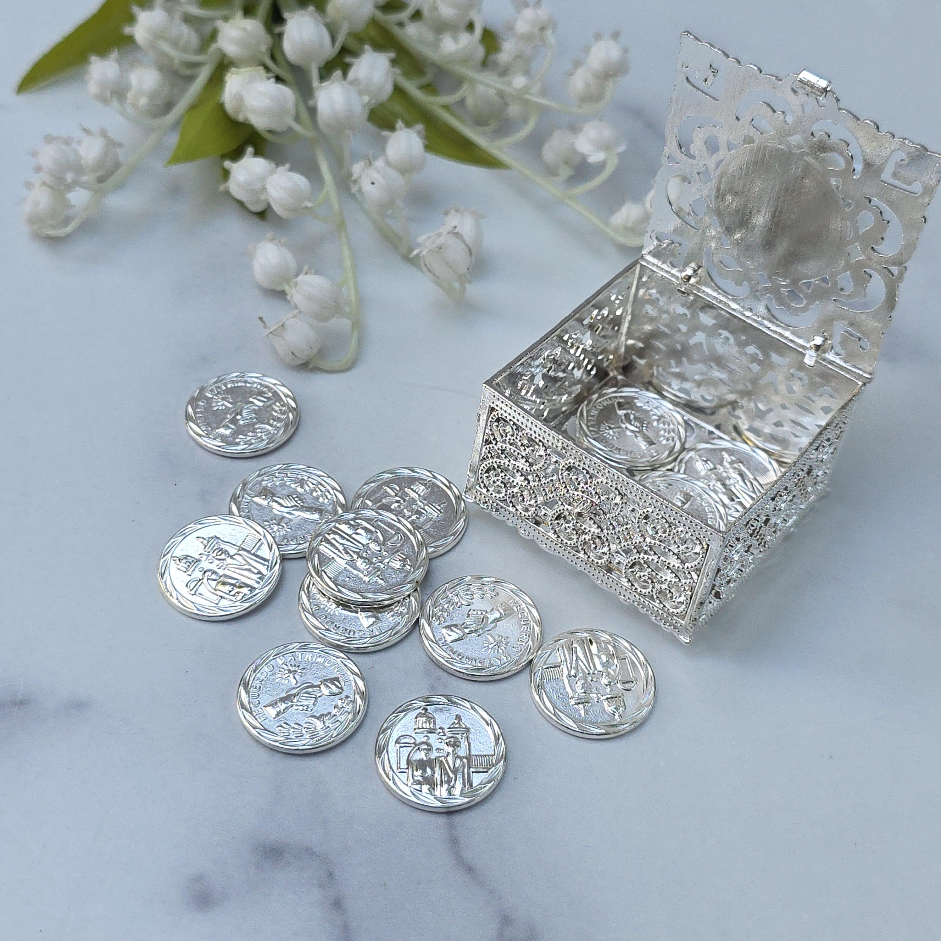 Silver Square Style Arras With White Rose Arrhae Unity Wedding Coins ...