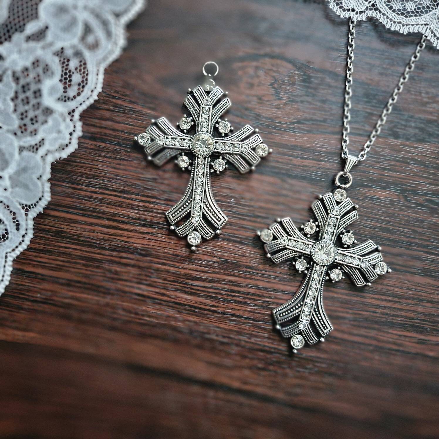 Large Gothic Antique Silver Cross Pendant Big Pendant With - Etsy