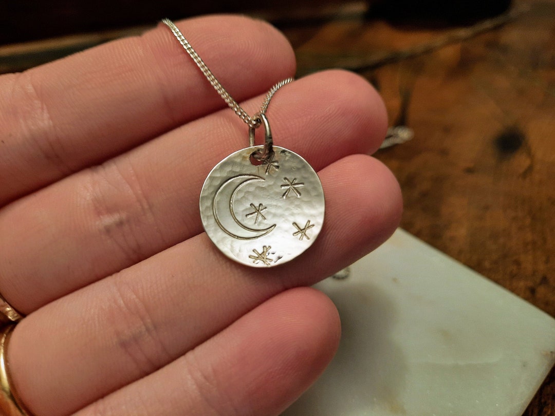 Handmade Sterling Silver Moon and Star Pendant | Textured Celestial ...