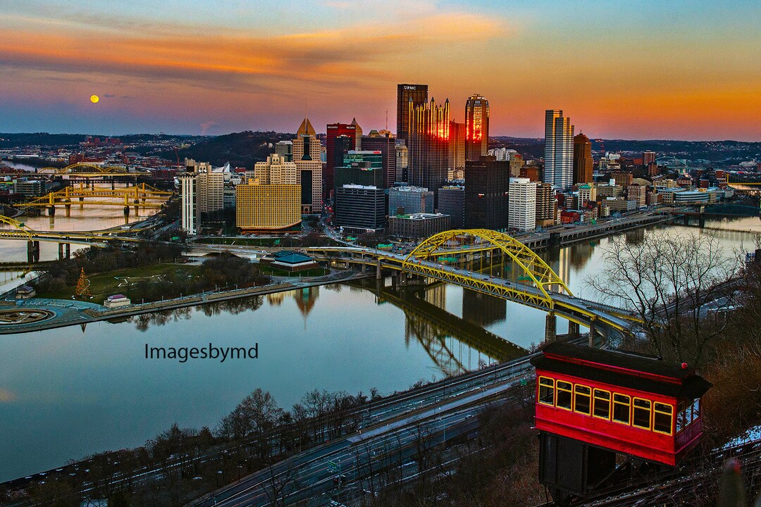 DIGITAL IMAGE: Sunset and Full Moon Over Pittsburgh, Winter Sunset ...