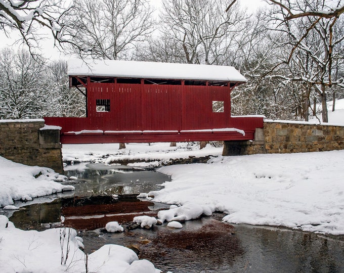 Winter Covered Bridge in New England – Christmas Eve With Snow and ...