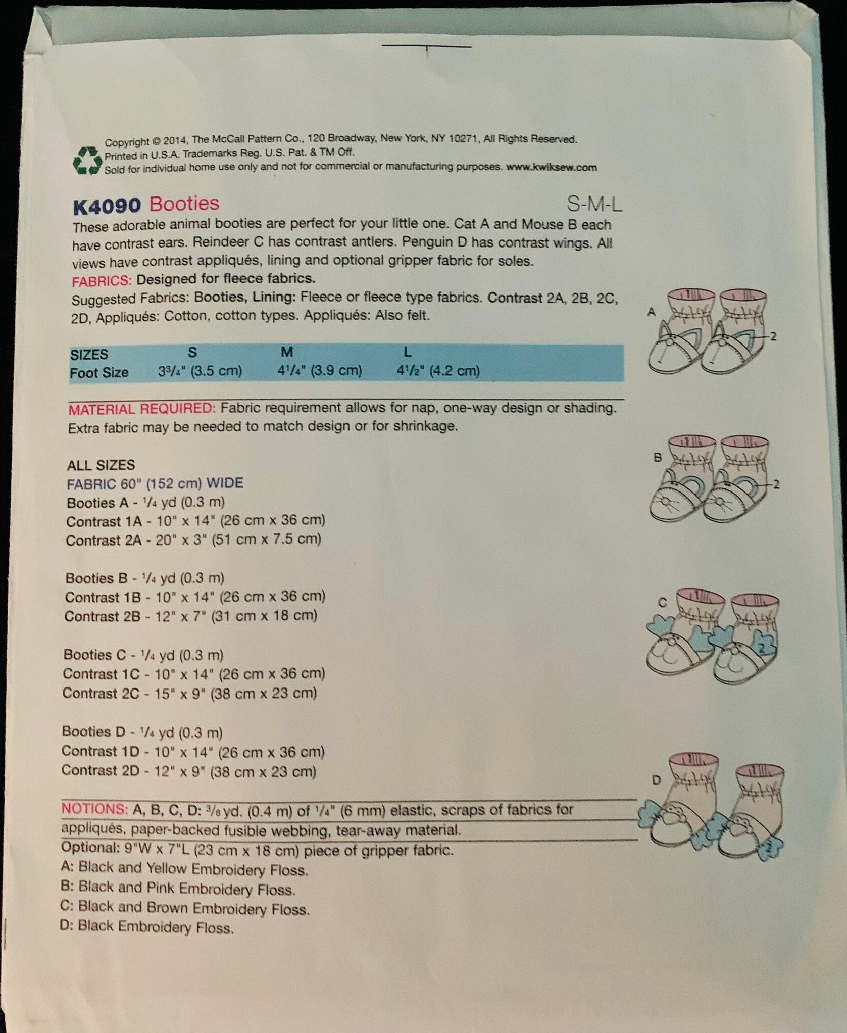 Kwik Sew K4090, Sewing Pattern, Baby & Toddler Fleece Booties, Animal ...