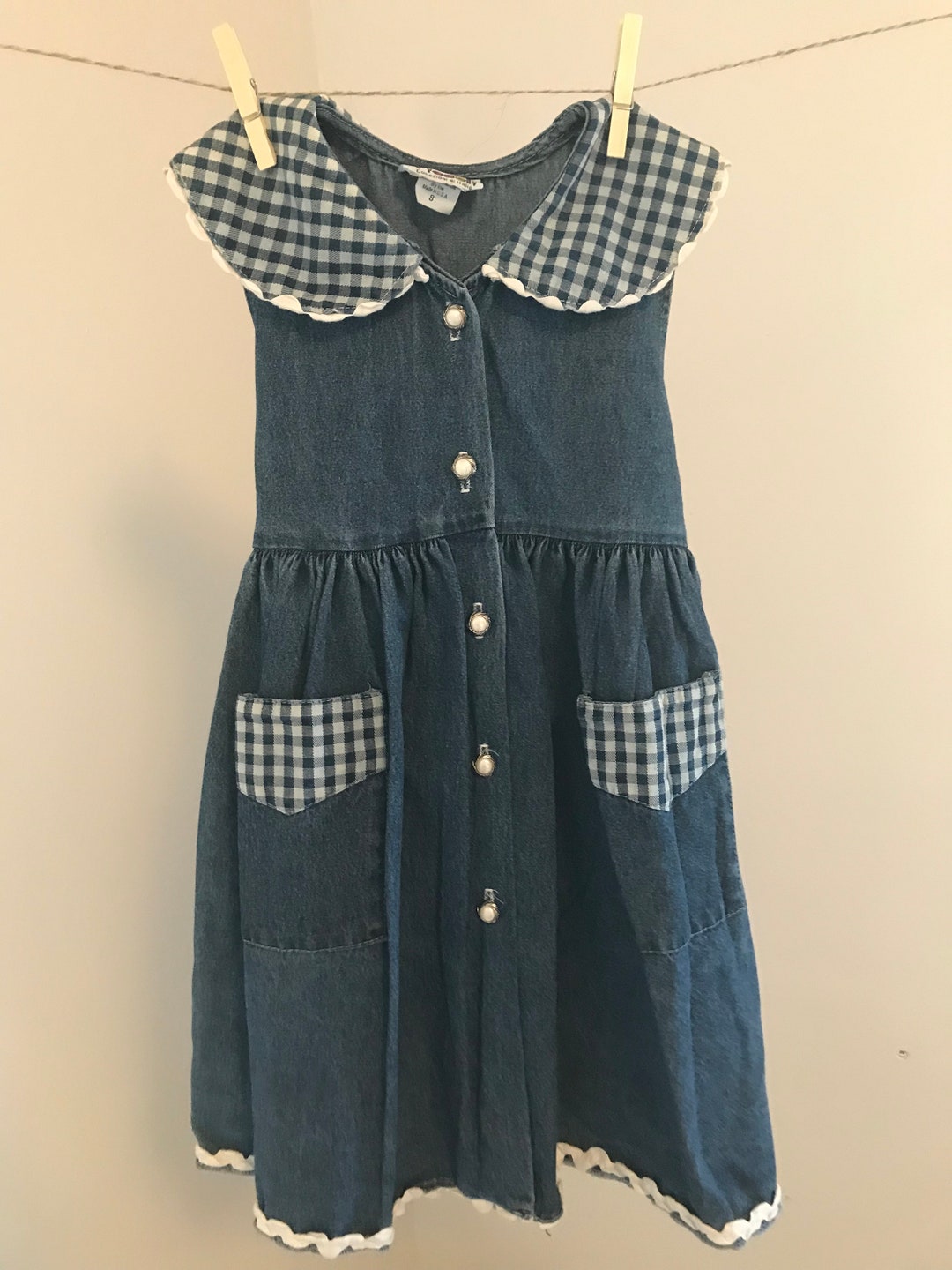 Vintage Girl’s Sleeveless Gingham Denim Collared Dress , Denim Button ...