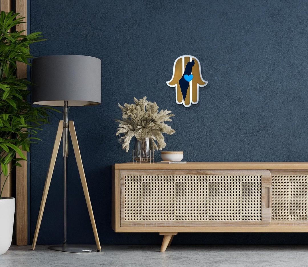 Hamsa Hand W/ Israel Map & Heart, White, Navy, Blue and Gold Mirror ...