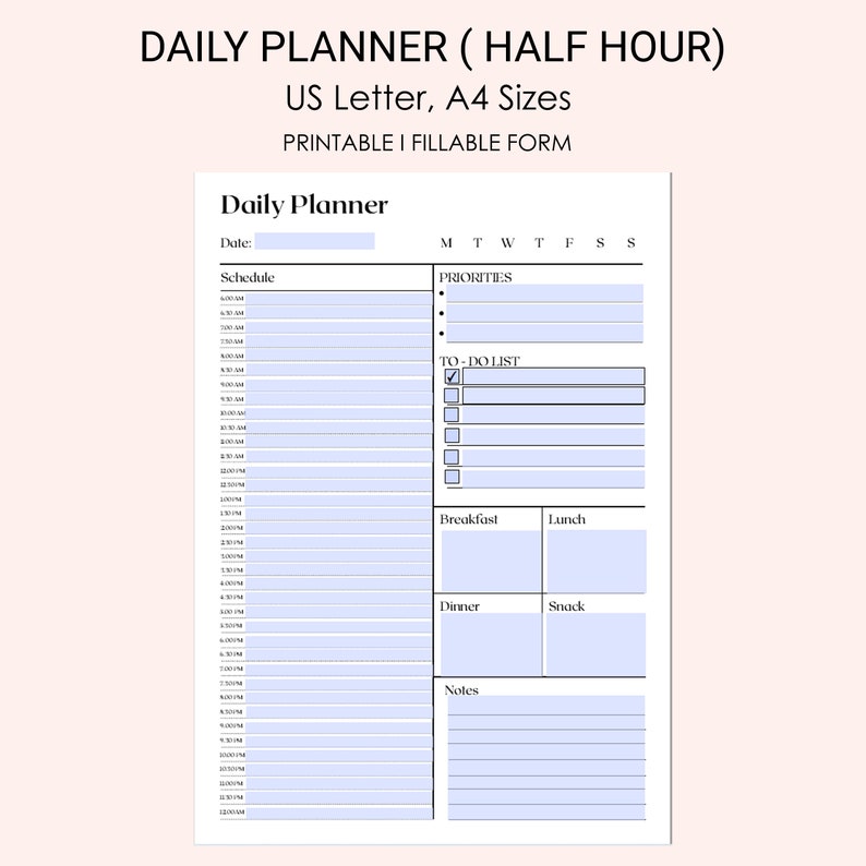Daily Planner (half-hour) | Schedule Routine I Hourly Planner I Daily ...
