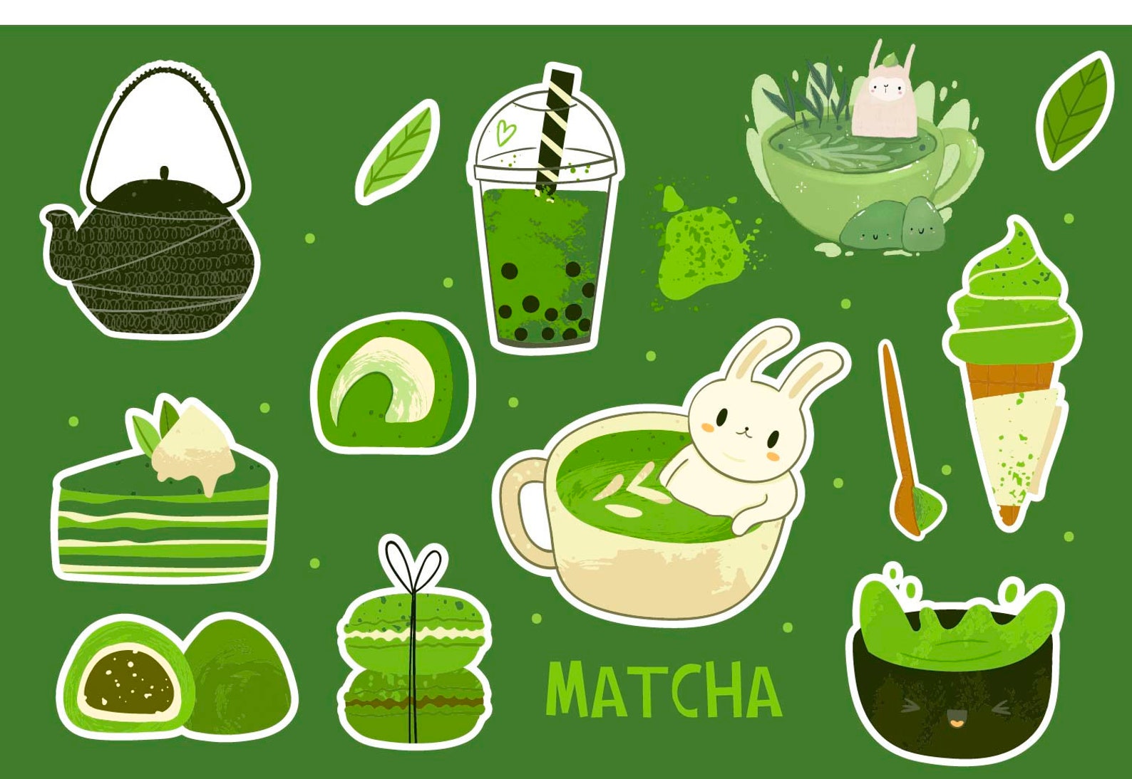 12pcs Matcha Sticker Set Green Sticker Kawaii Sticker - Etsy