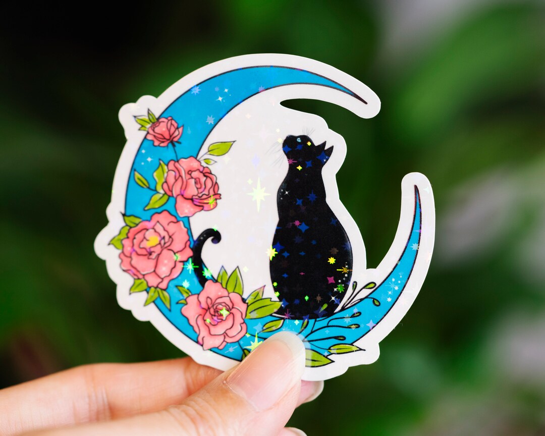 Holo Moon Cat Sticker | Black Cat Decal I Floral Cat Sticker I Cute ...