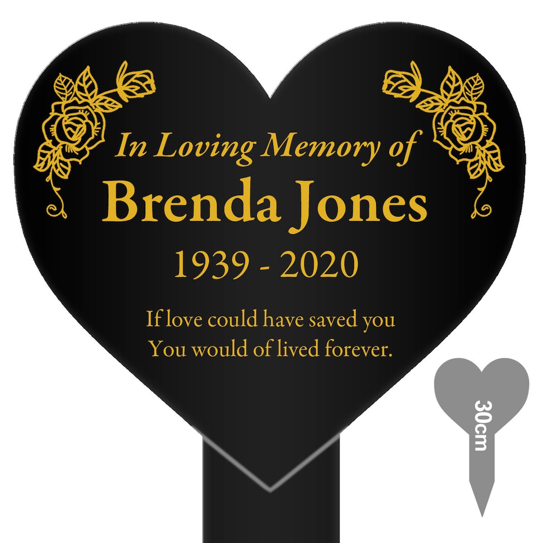 Personalised Gold in Loving Memory Heart Grave Stake Marker Headstone ...