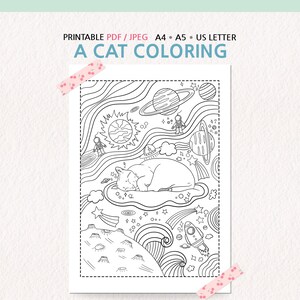 Space Cat Coloring Page, Cute Cat Coloring PDF JPEG, Printable Coloring ...