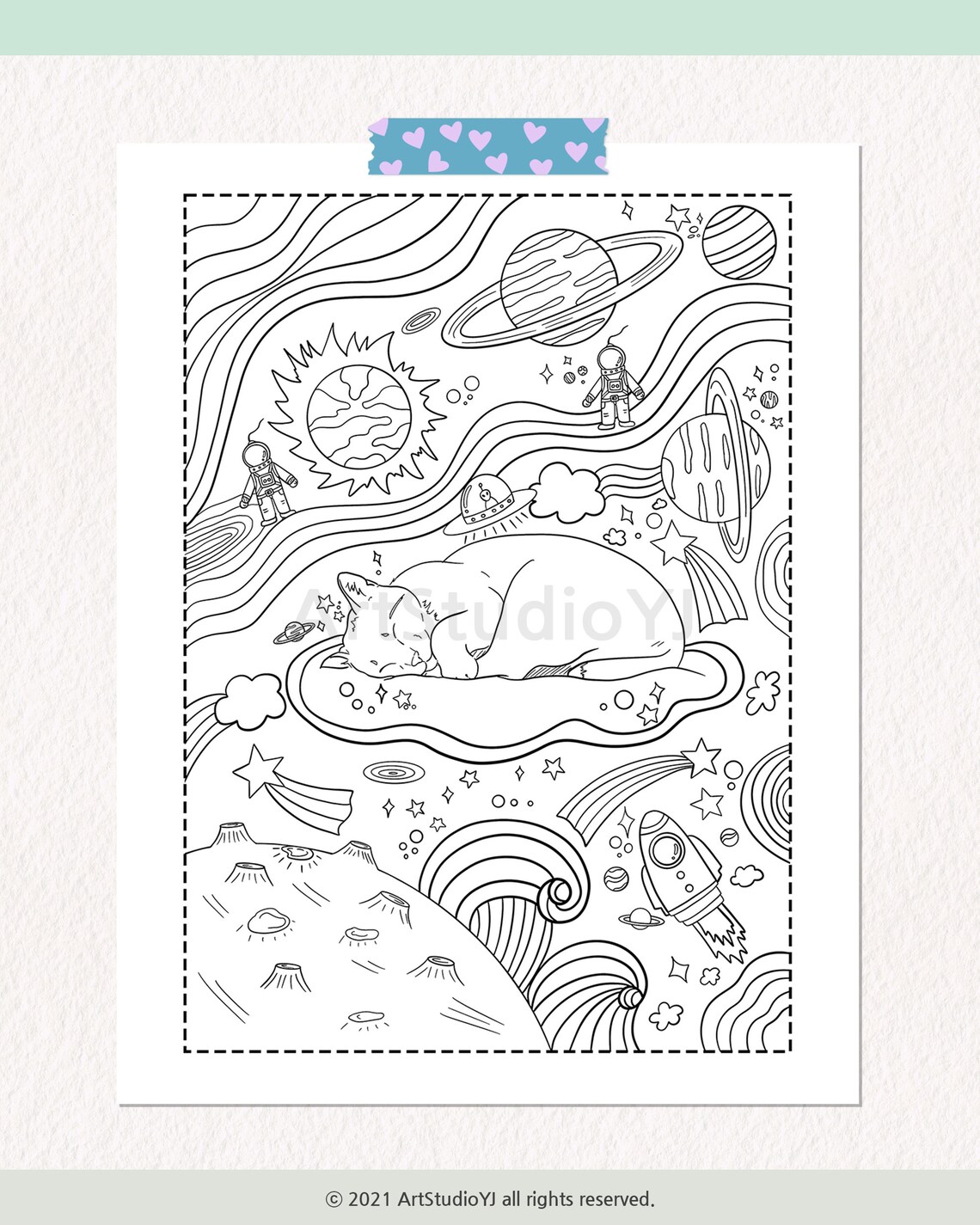 Space Cat Coloring Page, Cute Cat Coloring PDF JPEG, Printable Coloring ...