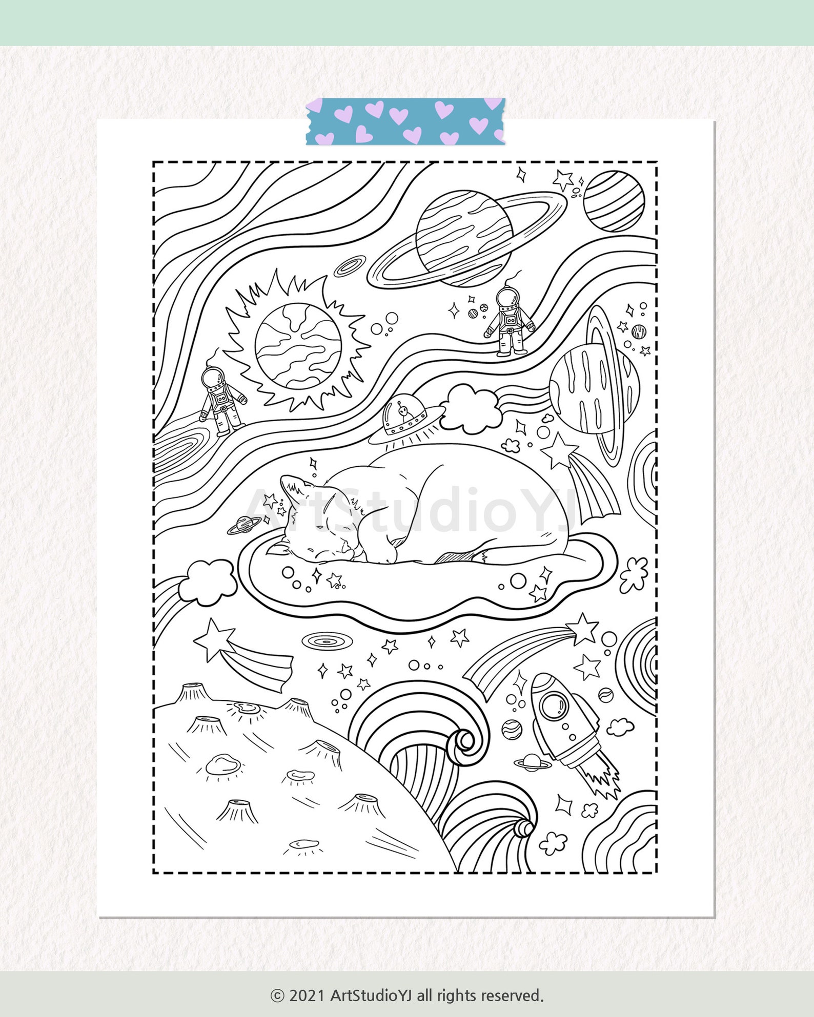 Space Cat Coloring Page, Cute Cat Coloring PDF JPEG, Printable Coloring ...