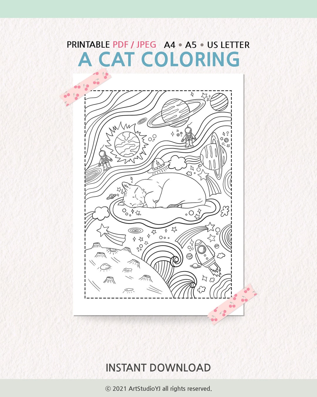 Space Cat Coloring Page, Cute Cat Coloring PDF JPEG, Printable Coloring ...