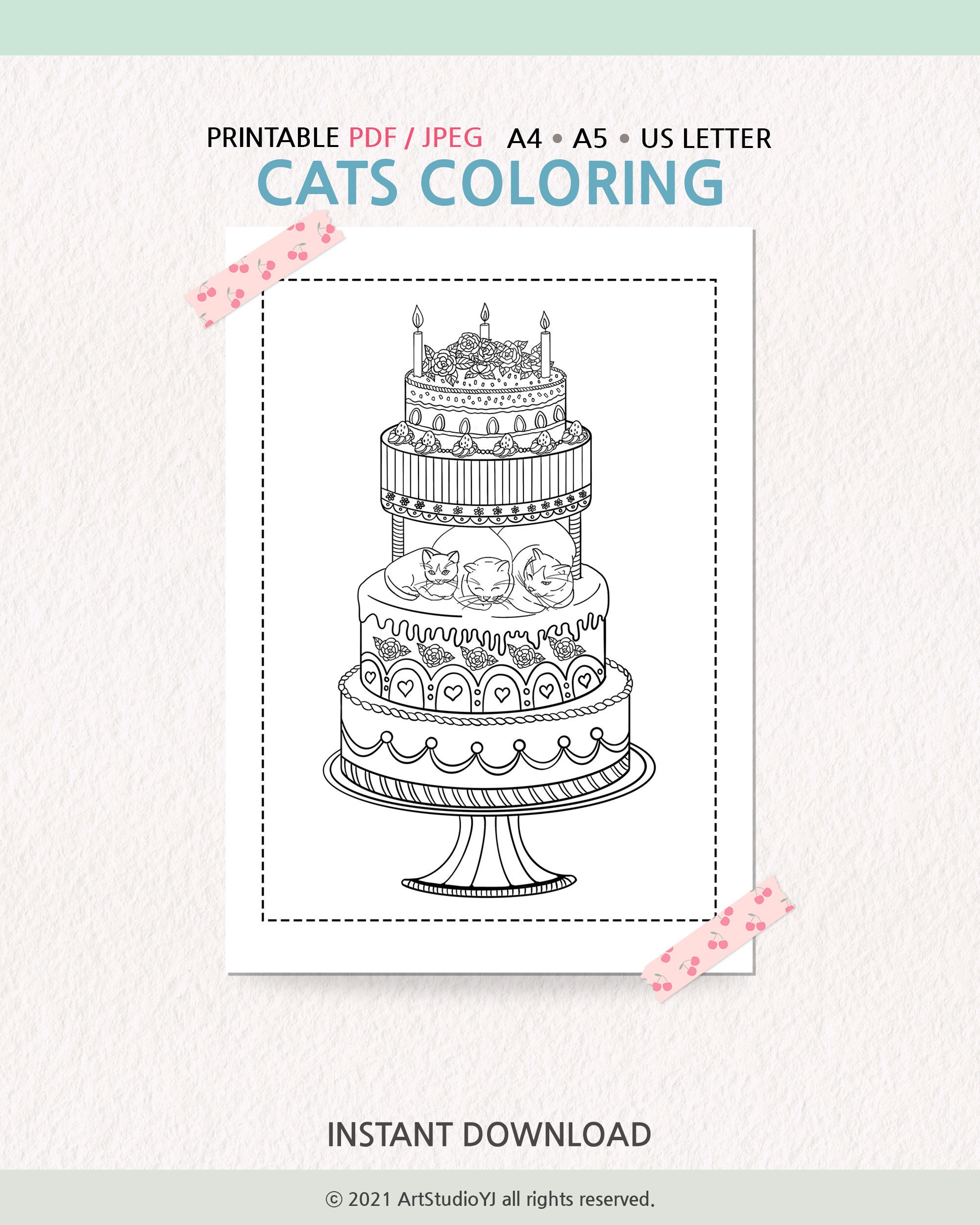 Cats Coloring Page, Cake Cute Cat Coloring Page PDF JPEG, Printable ...