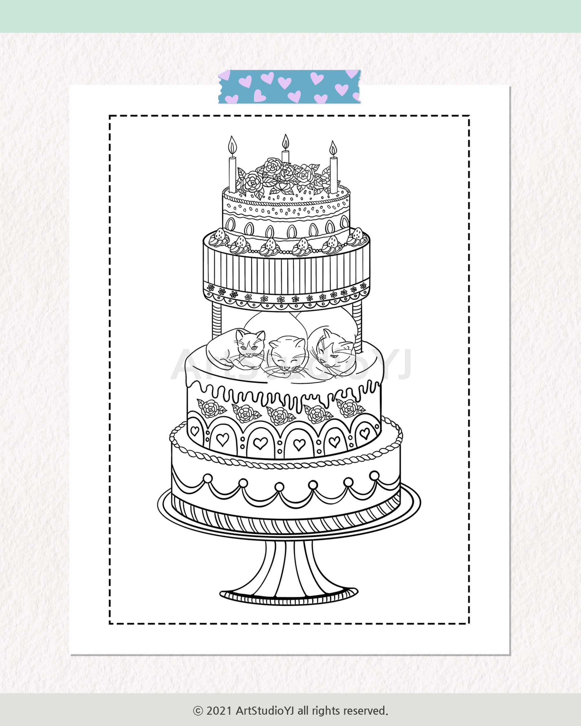 Cats Coloring Page, Cake Cute Cat Coloring Page PDF JPEG, Printable ...