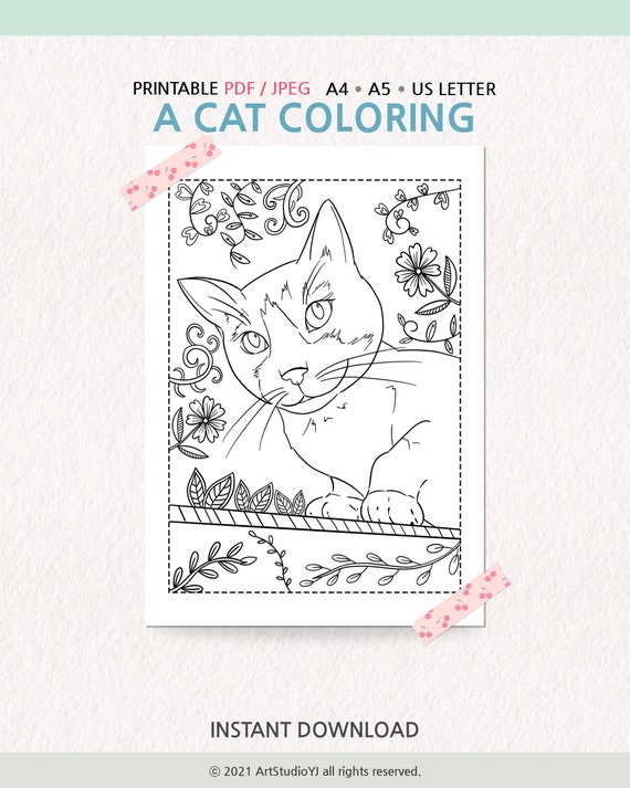 Cat Coloring Page Cute Cat Coloring PDF JPEG Printable - Etsy