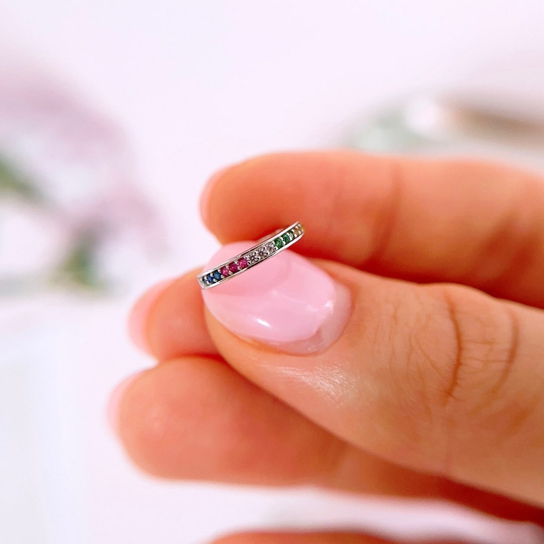 Rainbow Eternity Band Ear Cuff for Women, Sterling Silver Multicolor Cz ...
