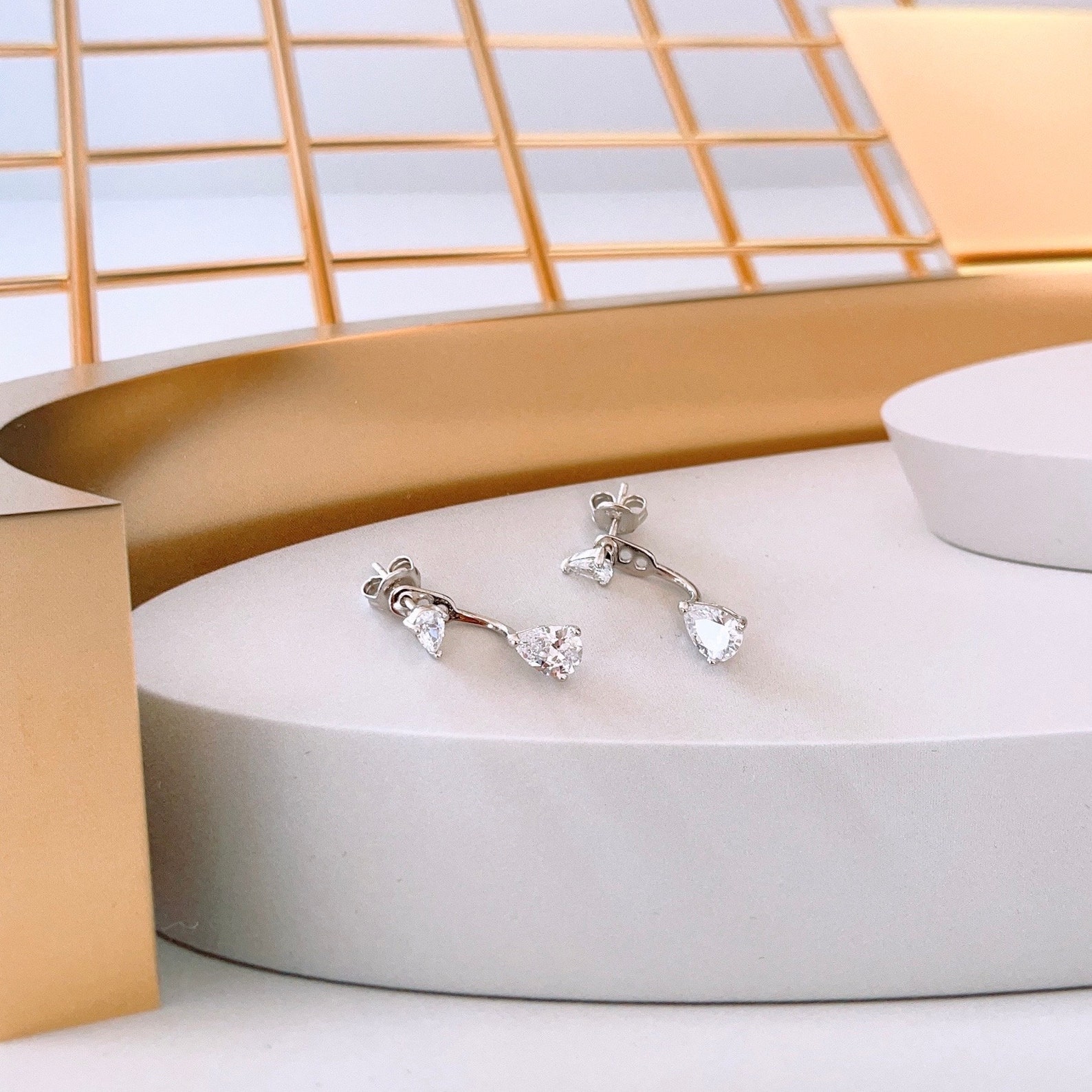 Sterling Silver Tear Drop CZ Ear Jacket Stud, Front Back Pear Shaped ...