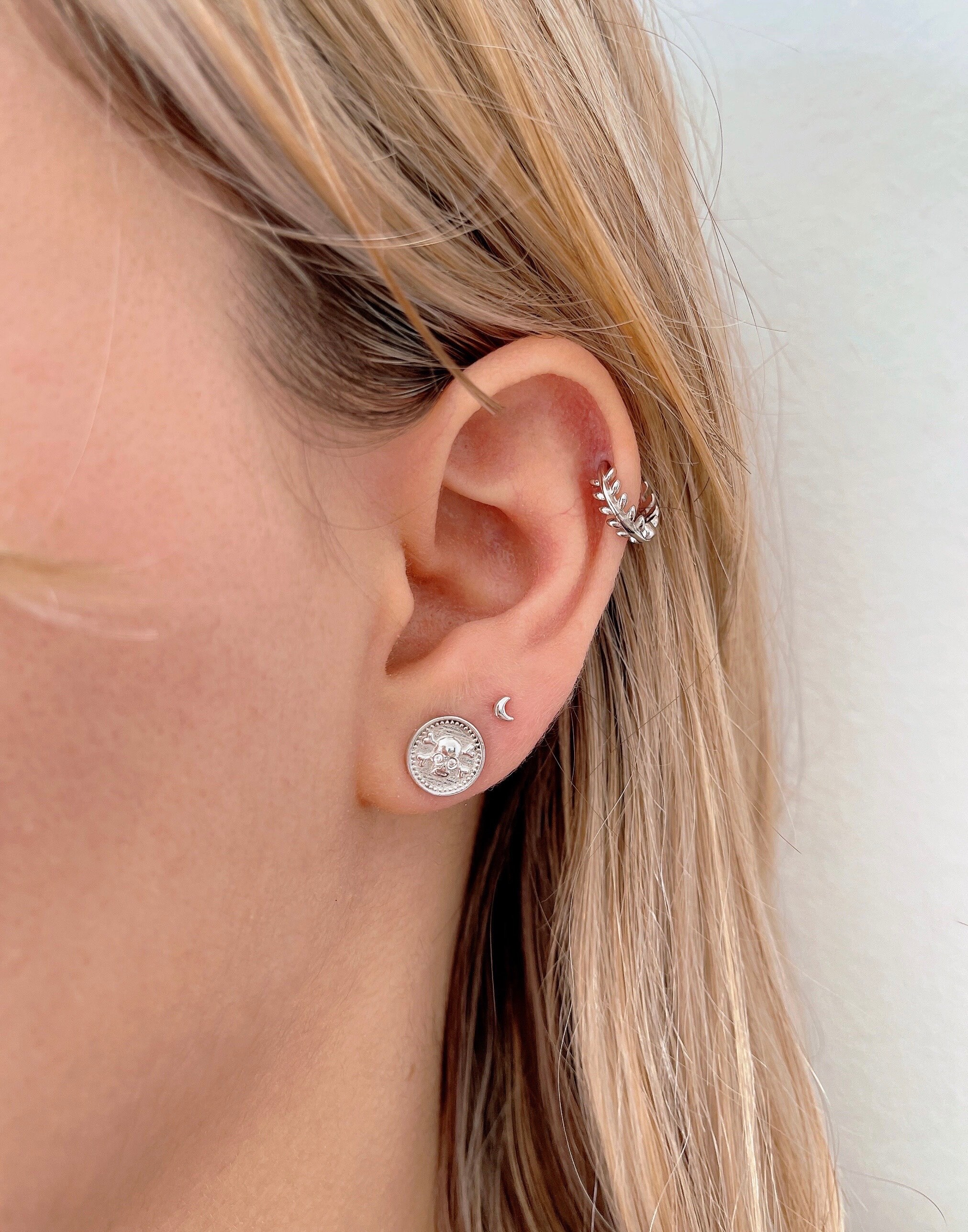 Sterling Silver Tiny Leaves Hoop Earring, Cartilage Leaf Piercing, Gold ...