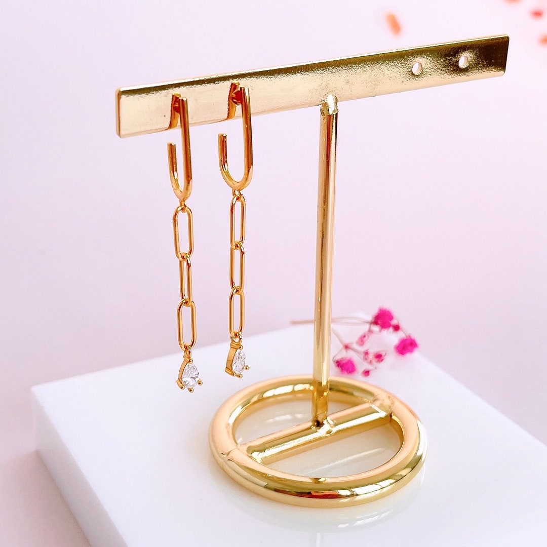 Dangling Link Chain Earring With a Sparkly Cz, 18K Gold Plated 925 ...
