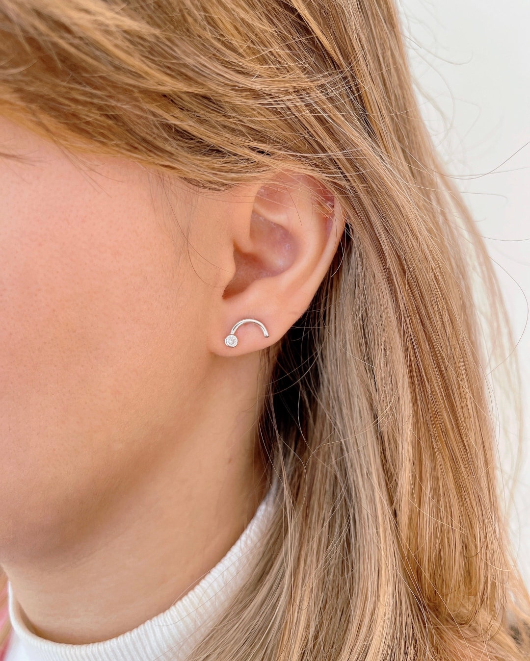 Modern Curved Bar Earrings in Sterling Silver, CZ Climber Earrings ...