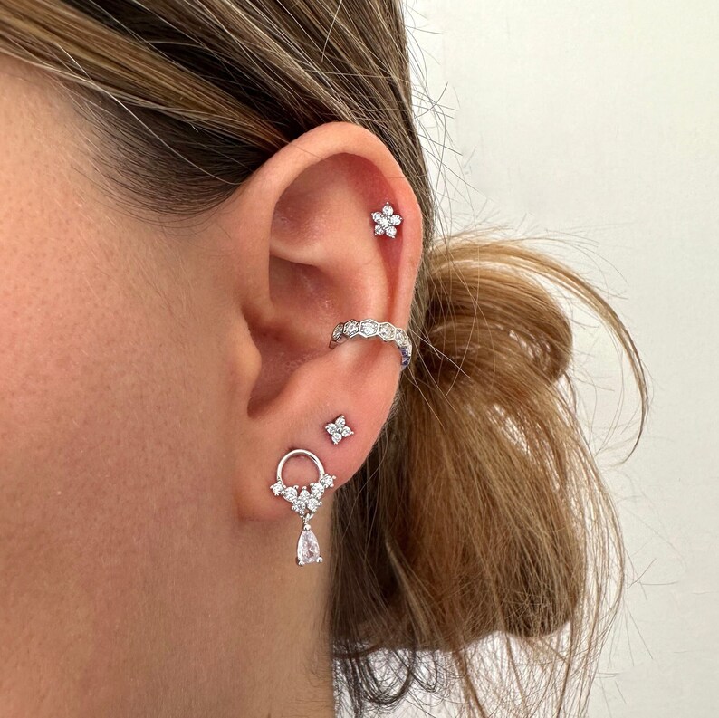 Sparkly Cz Flower Helix Piercing, Gold Plated Sterling Silver Tiny ...