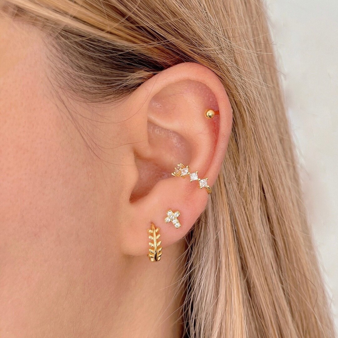 18G Tiny Cross Helix Piercing, Gold Plated Sterling Silver Cz Cross ...