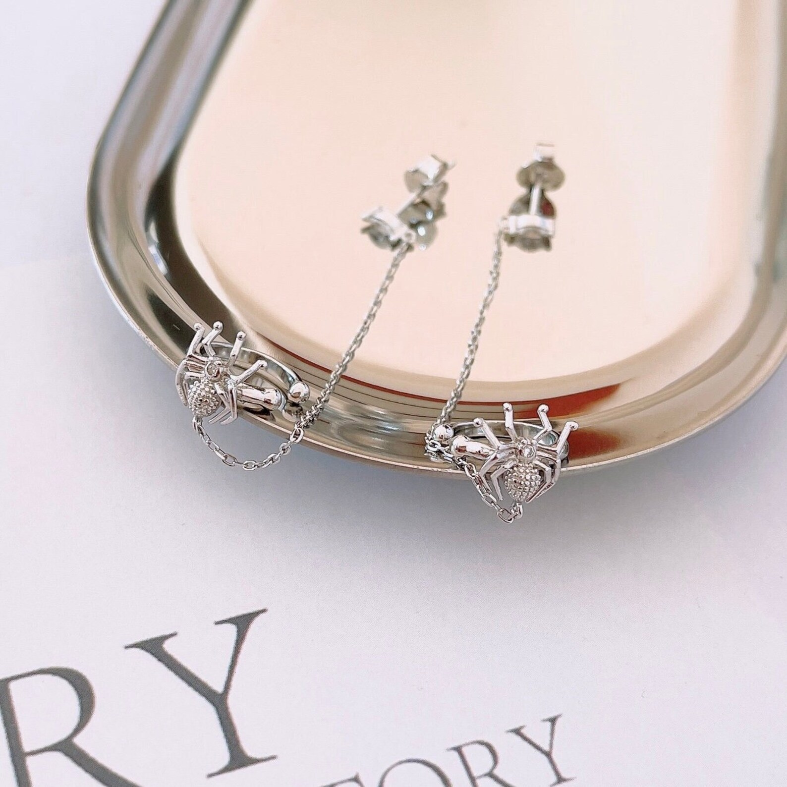 Sterling Silver Spider Ear Cuff No Piercing With Chain, Cz Stud Earring ...