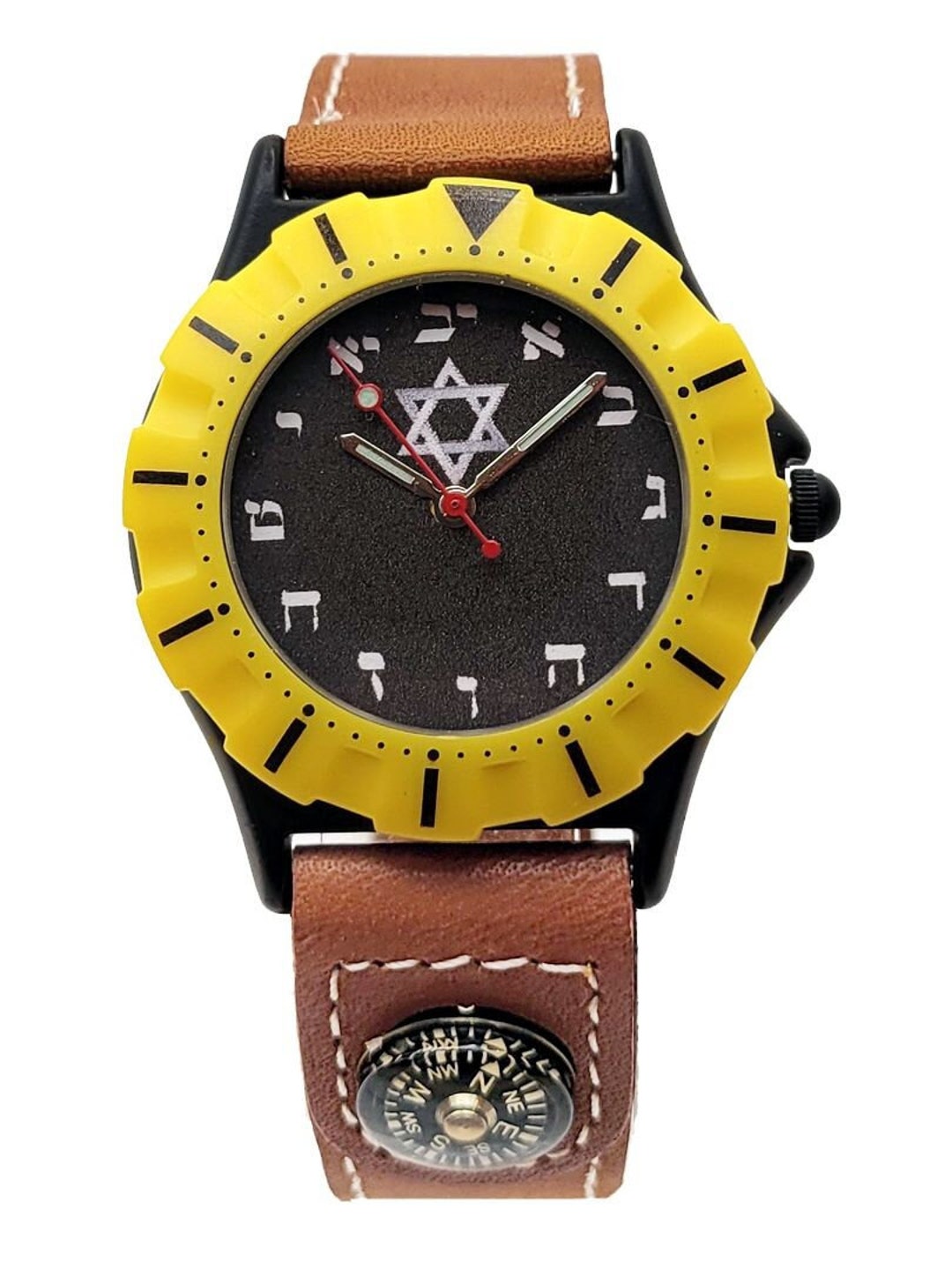 Medium Size Hebrew Numbers Watch Has Matte Black Case With Yellow Fixed ...