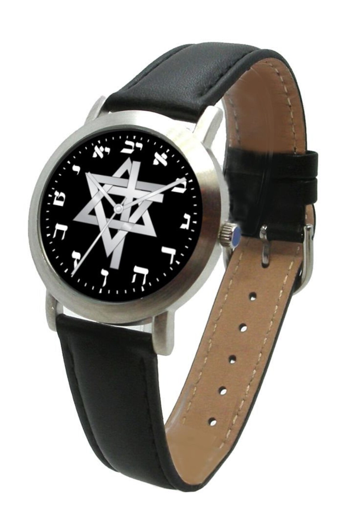 Reloj unisex de cromo cepillado con números hebreos y estrella de David ...
