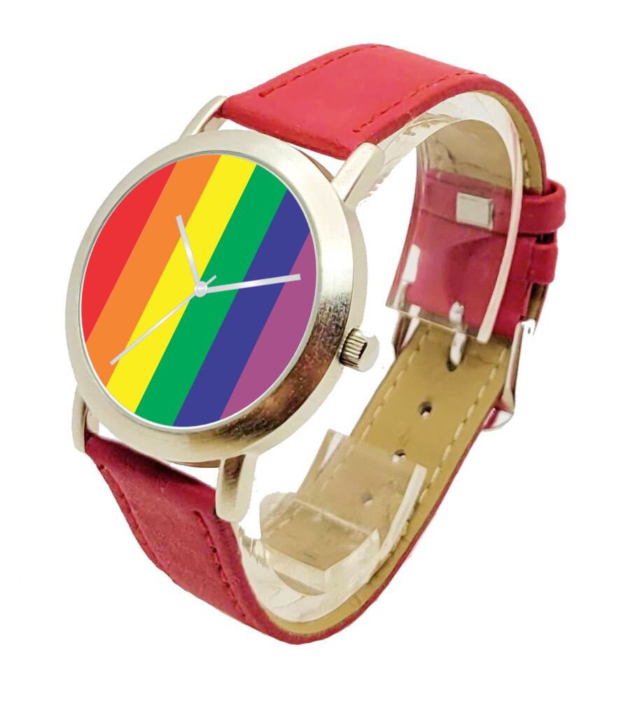 Rainbow LGBTQ Pride Watch Has Brushed Chrome 36mm Case With Red Leather ...