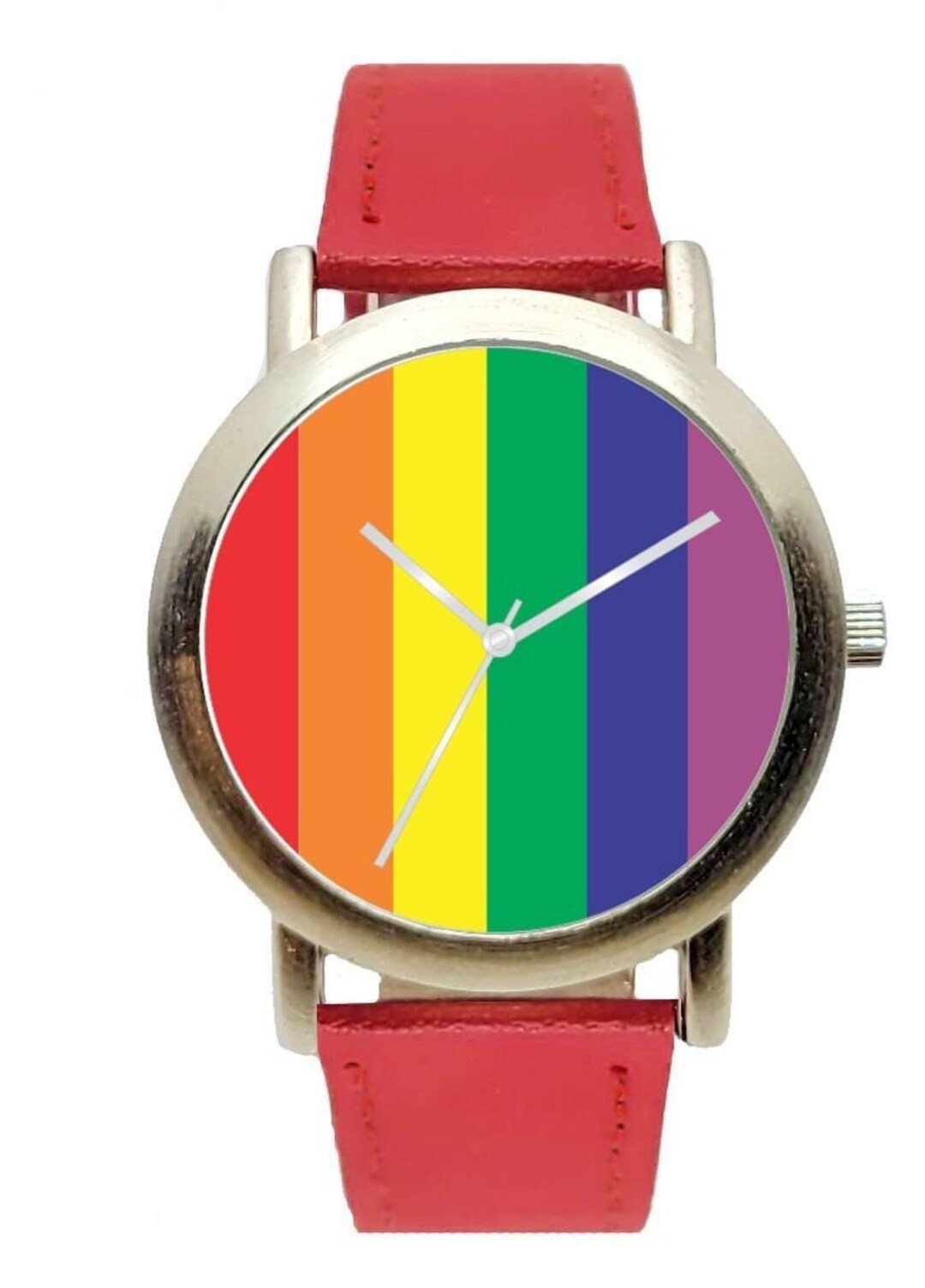 Rainbow LGBTQ Pride Watch Has Brushed Chrome 36mm Case With Red Leather ...