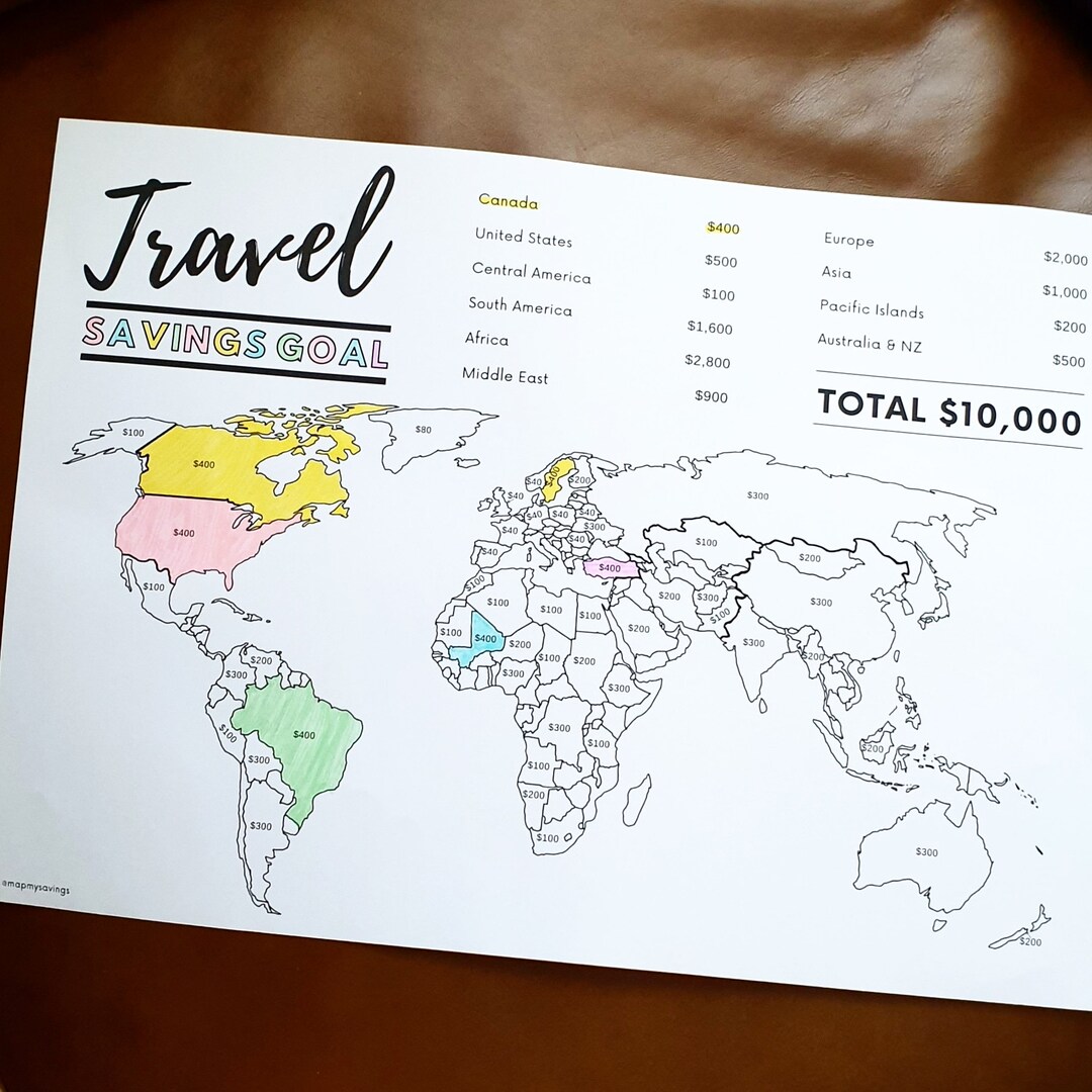 Savings Goal Tracker - World Map 10,000 Dollars - Etsy