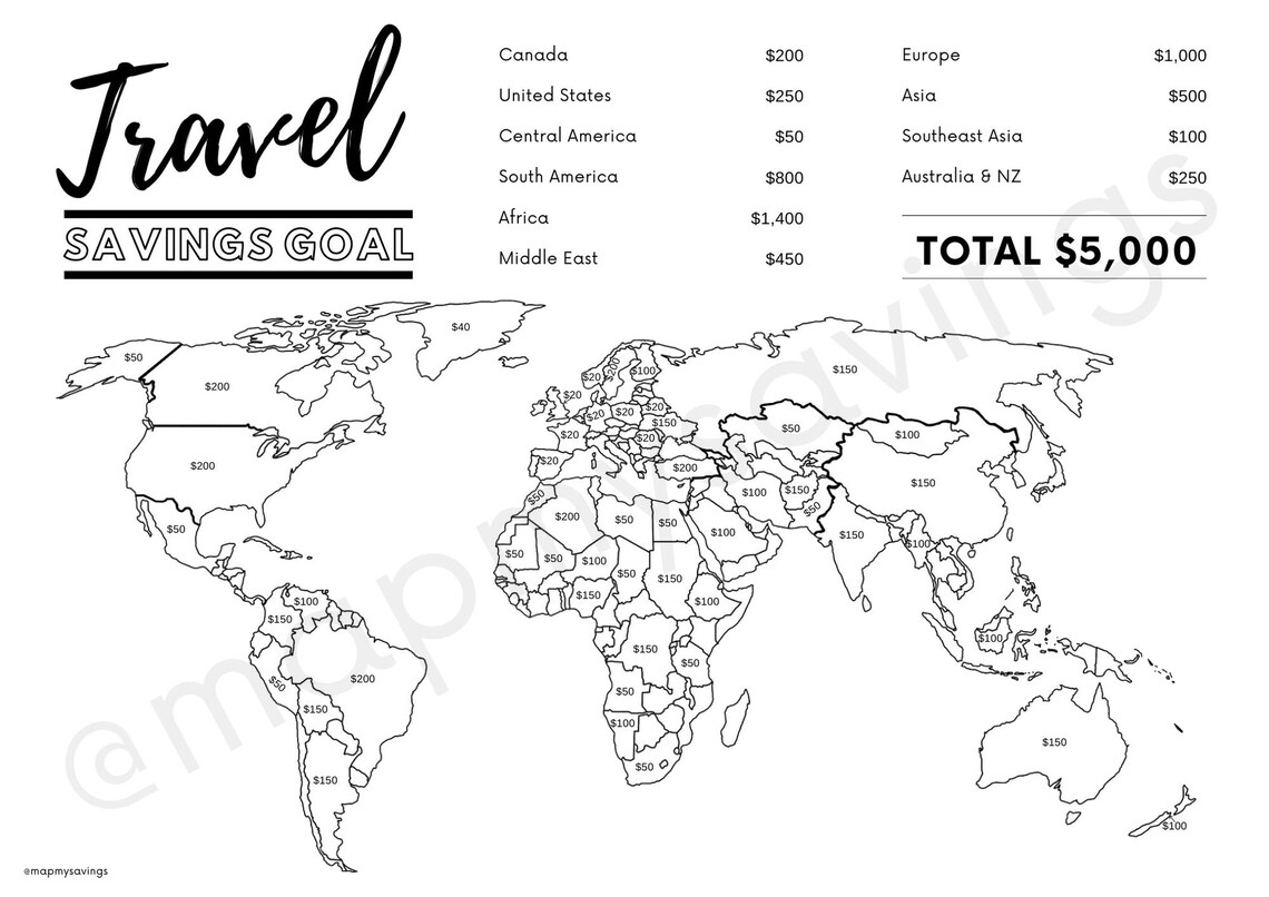Travel Savings Goal Tracker - World Map 5,000 Dollars - Etsy