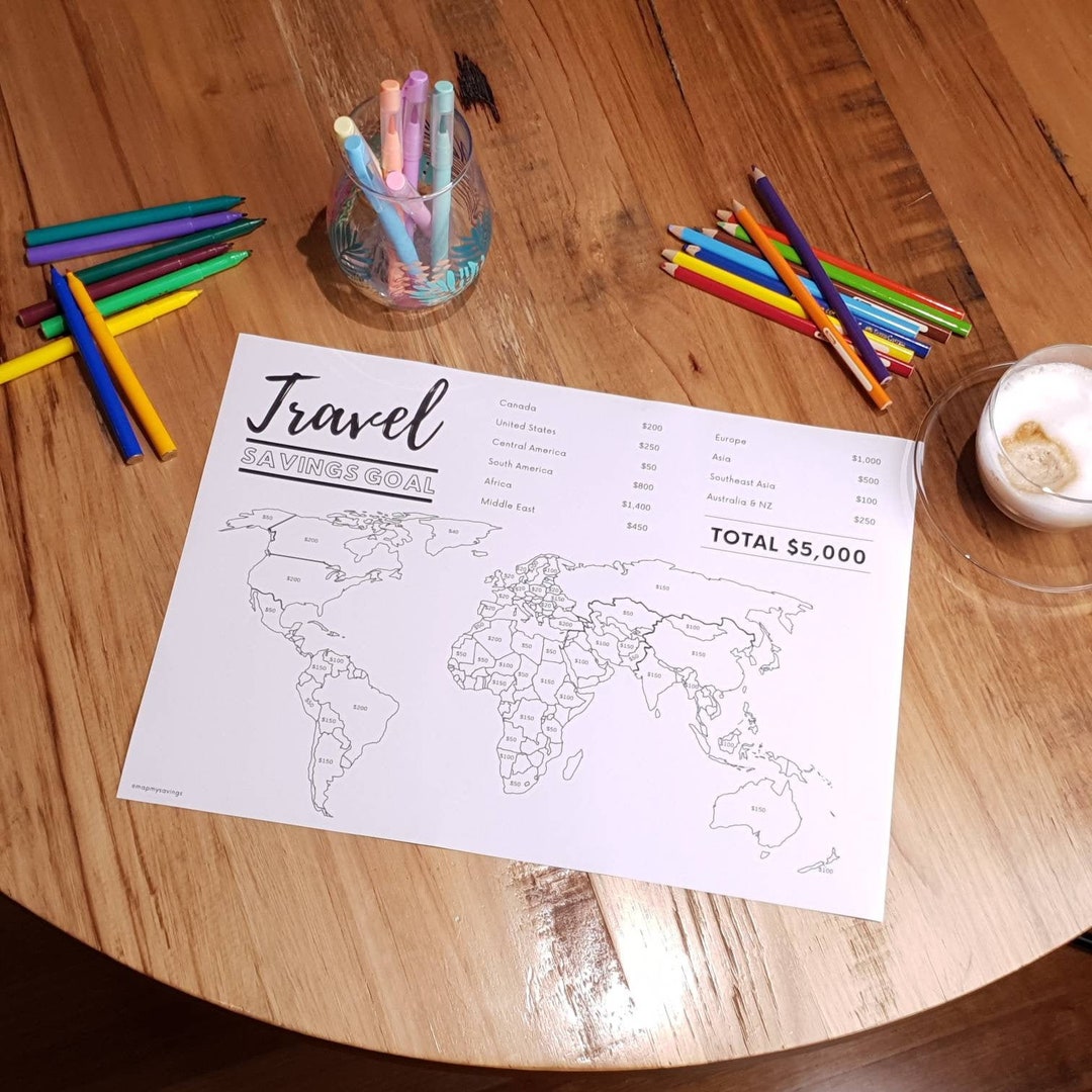 Travel Savings Goal Tracker - World Map 5,000 Dollars - Etsy